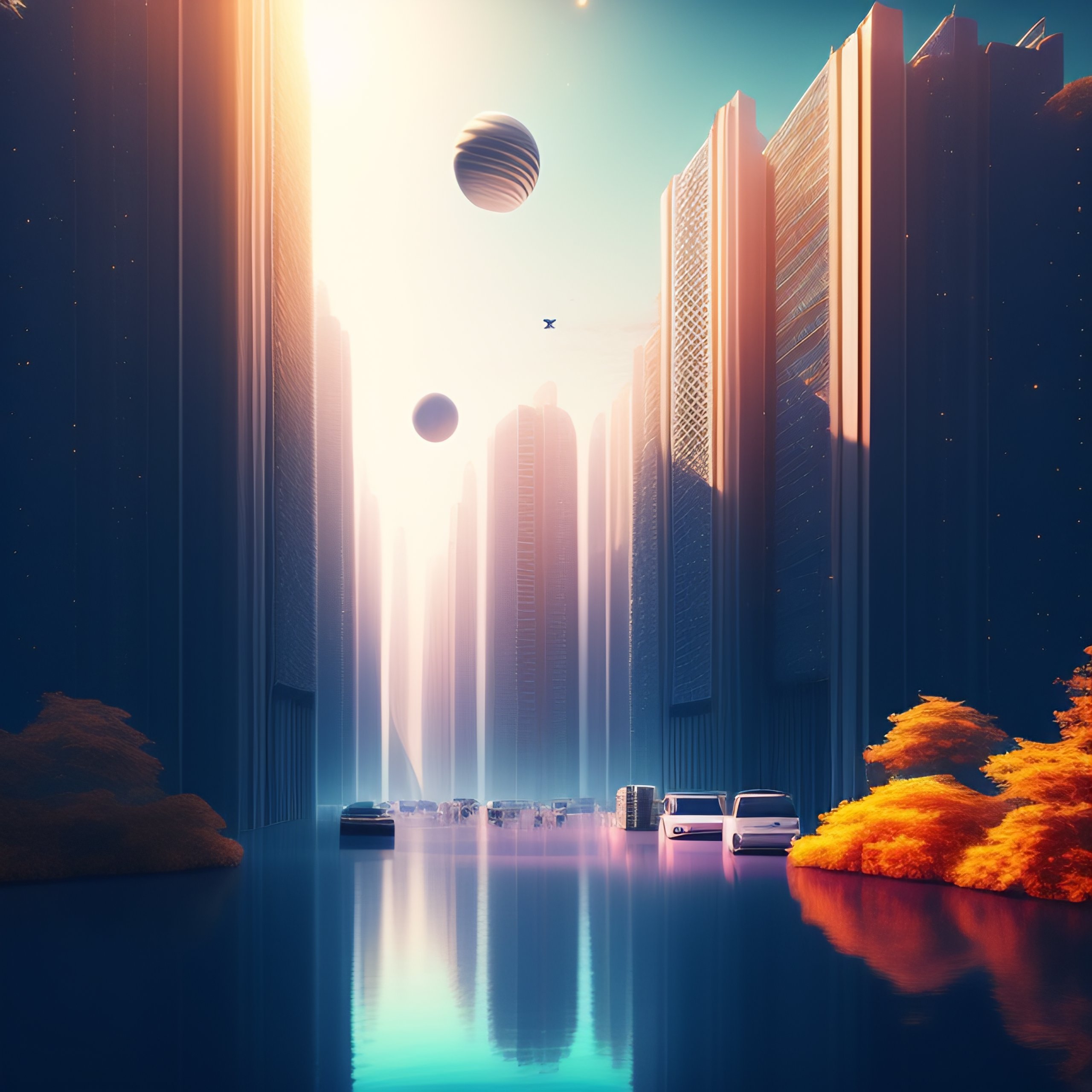 Lexica - Space full of floating buildings, cars, people, trees, animals ...