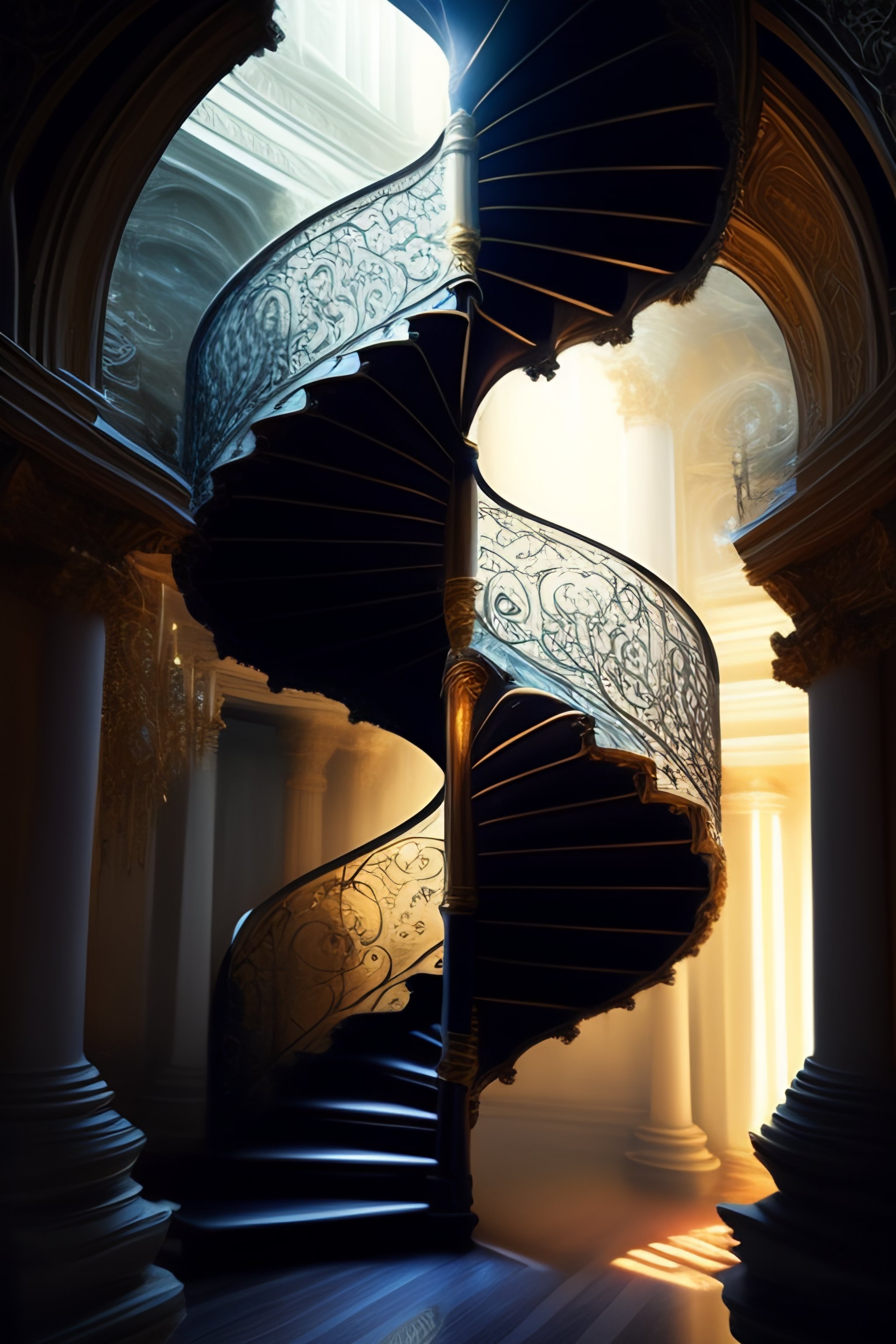 Lexica - Spiral stairway leading upwards to a magical realm, floating ...