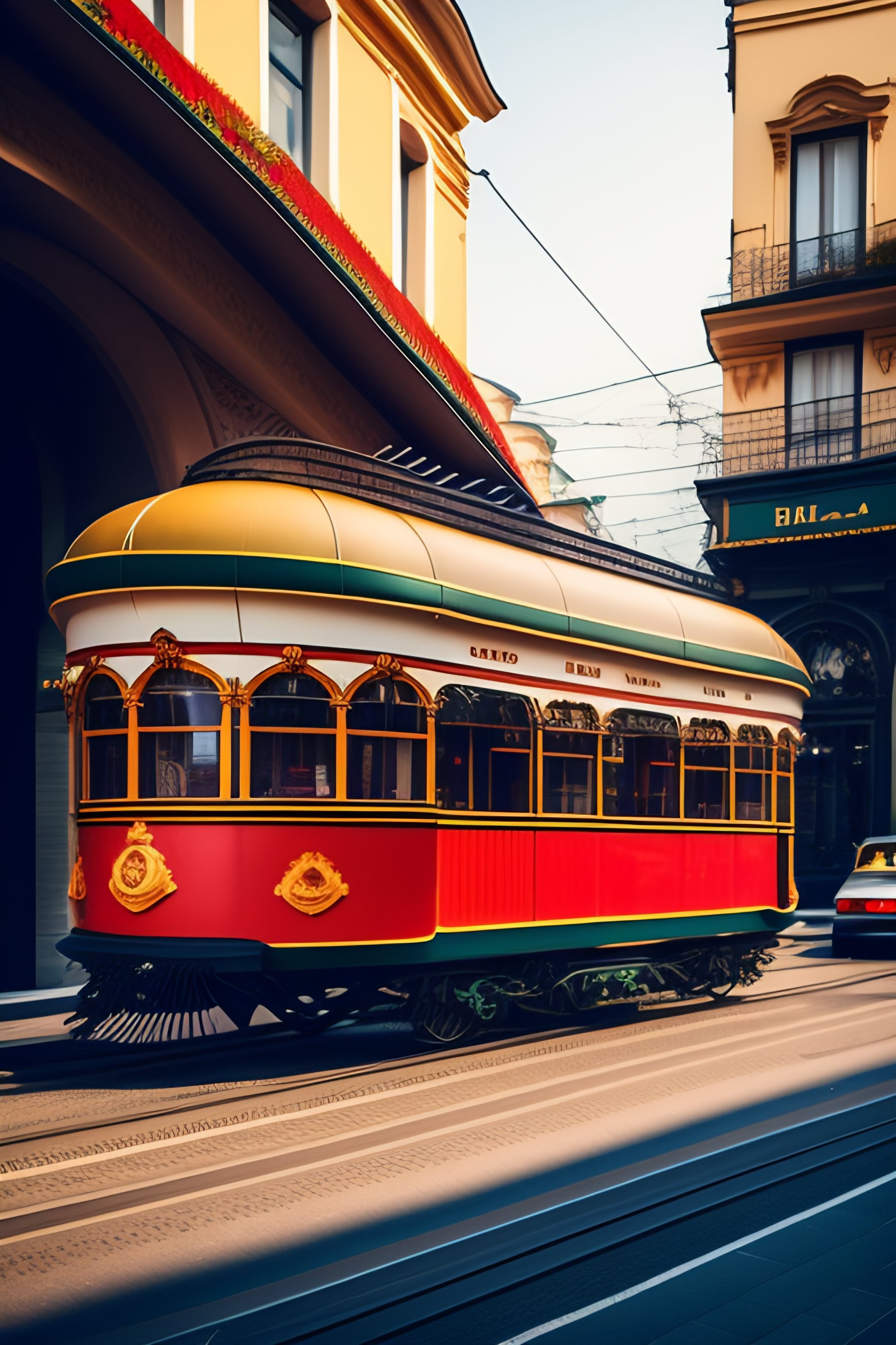 Lexica - Russian tram on the street near cafe sunset