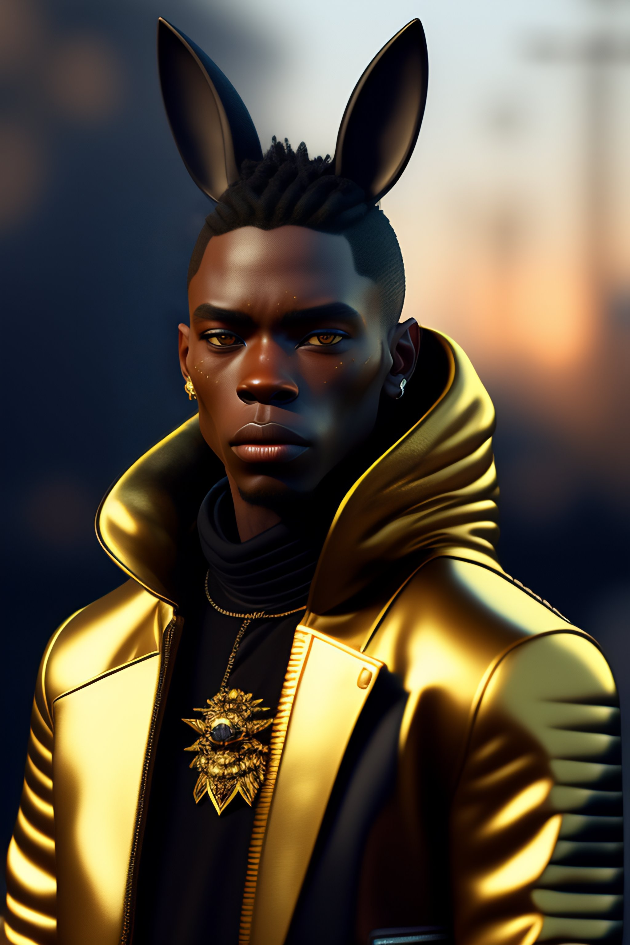 Lexica - Black Humanoid Rabbit with large white eyes leather jacket ...