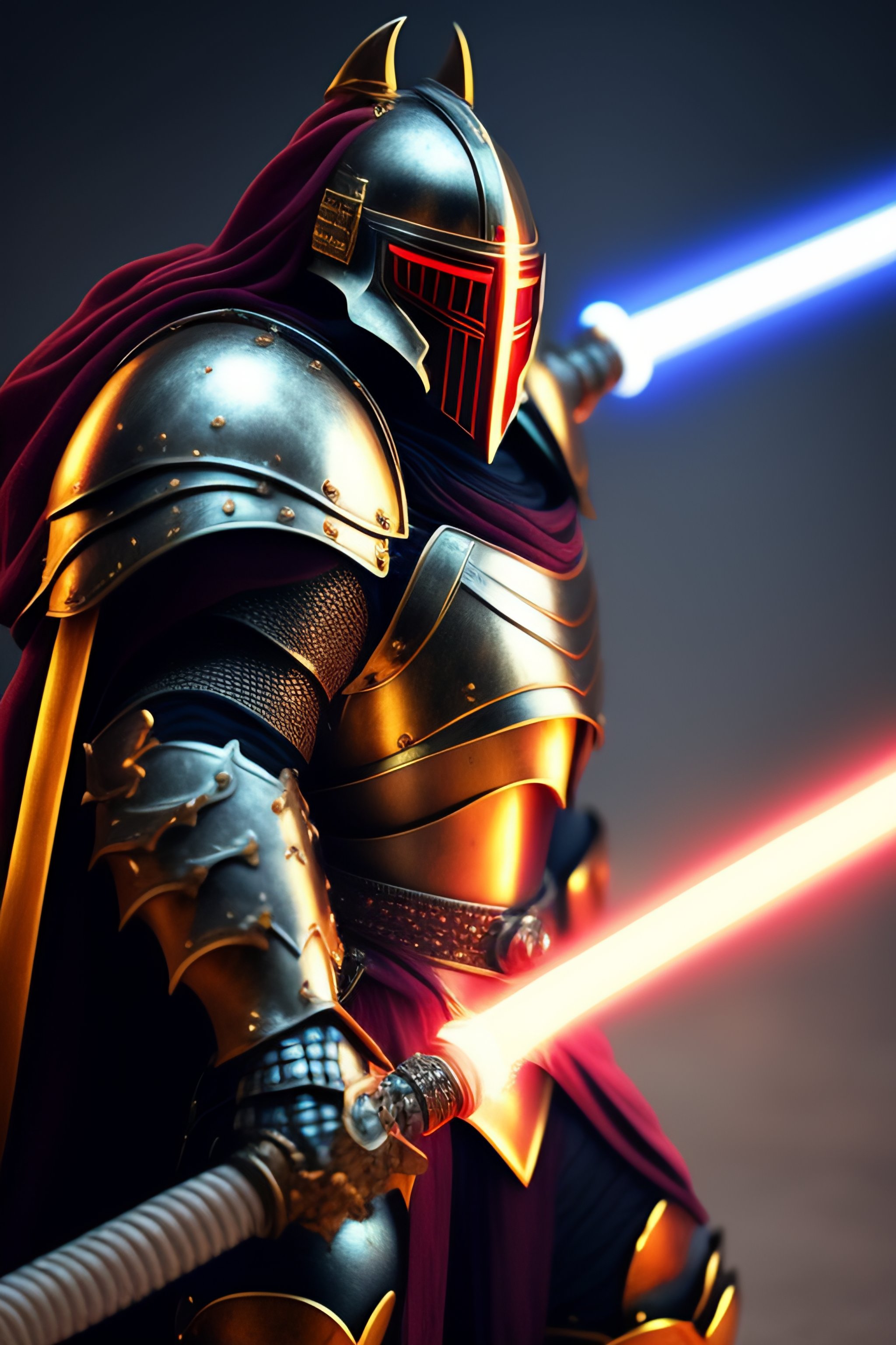Lexica - Fantasy heavy armored knight fighting with light saber --v 4