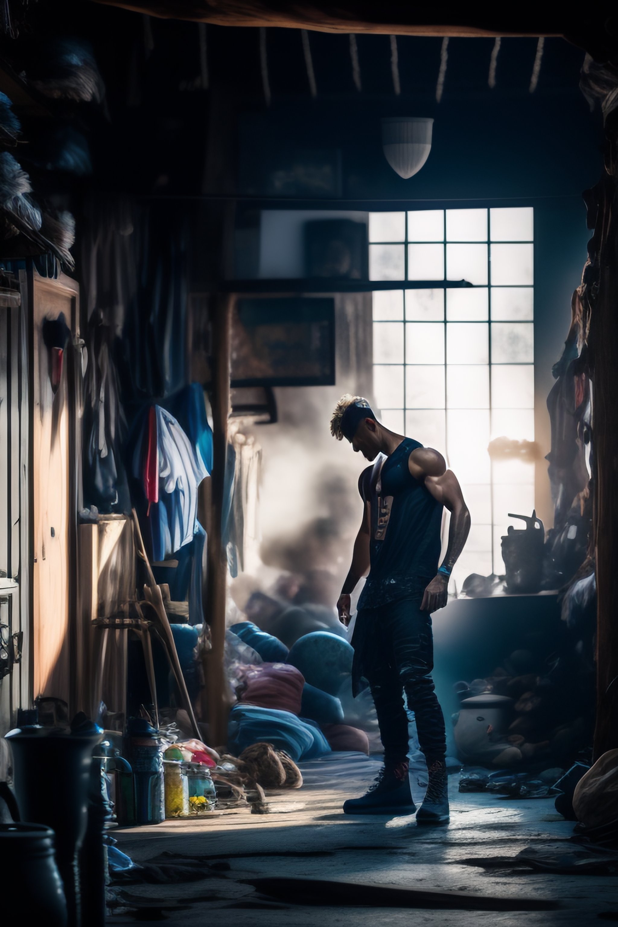 Lexica - Wide angle Environmental shot of Ninja warrior in a cluttered ...