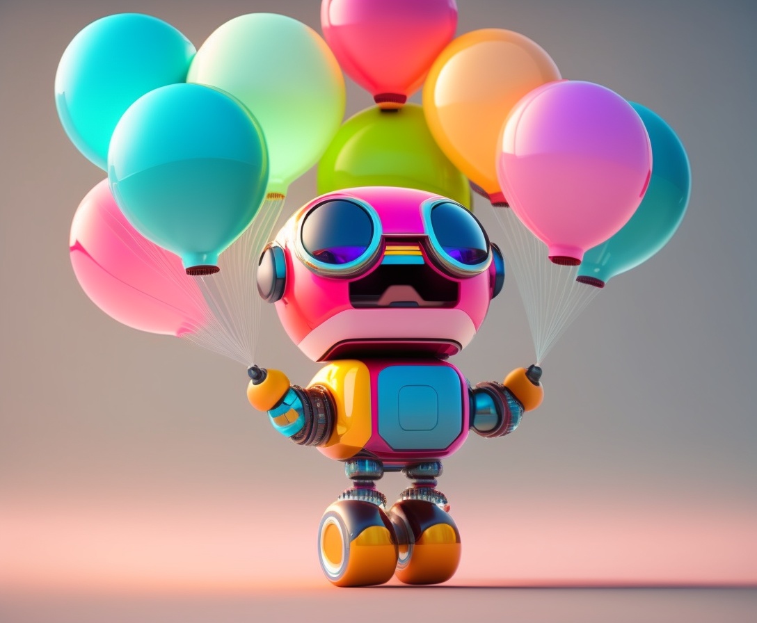 Lexica - Cute robot with balloons, Excited, colorful