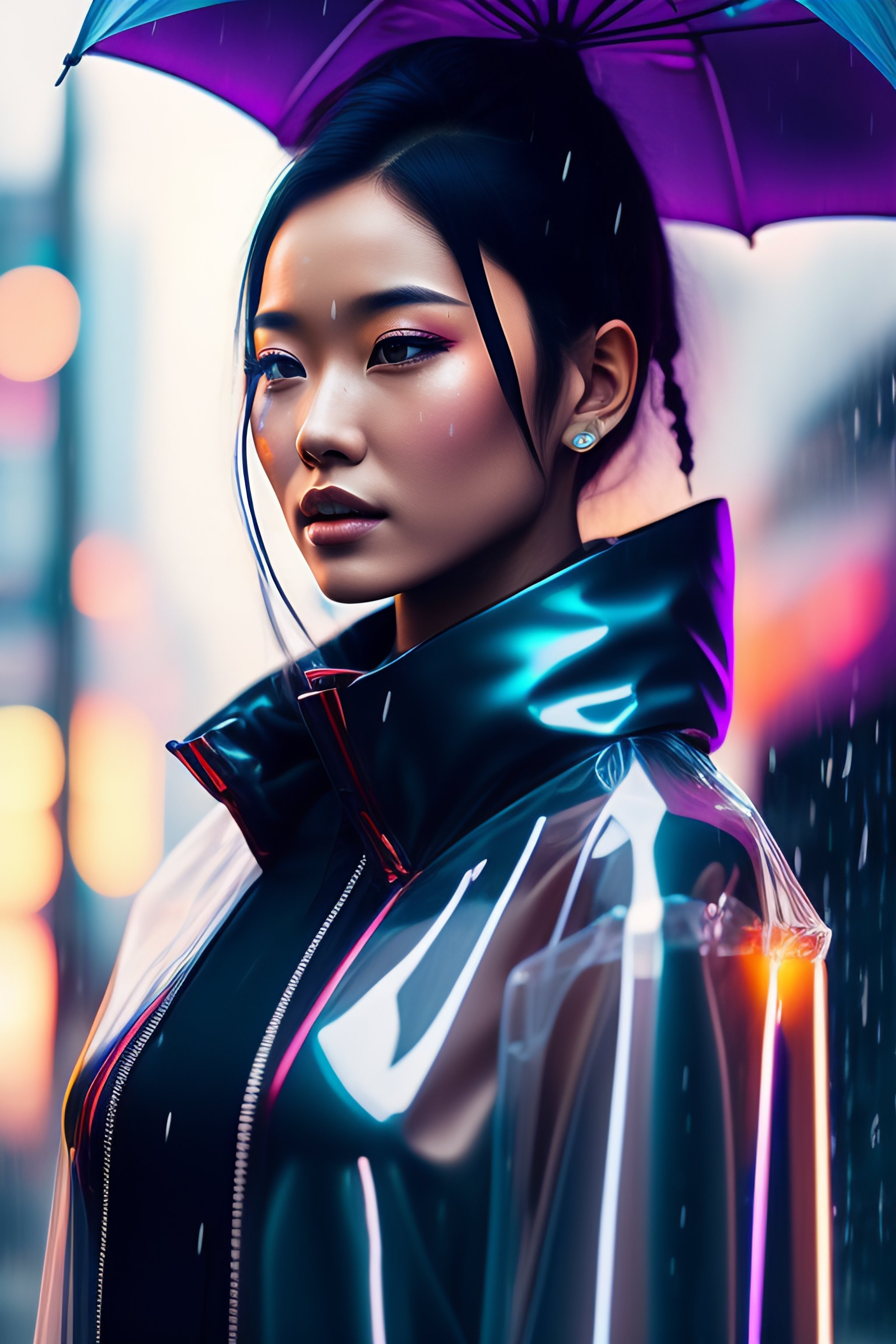 Lexica - Cyborg girl wearing transparent raincoat, cyborg parts, rainy ...