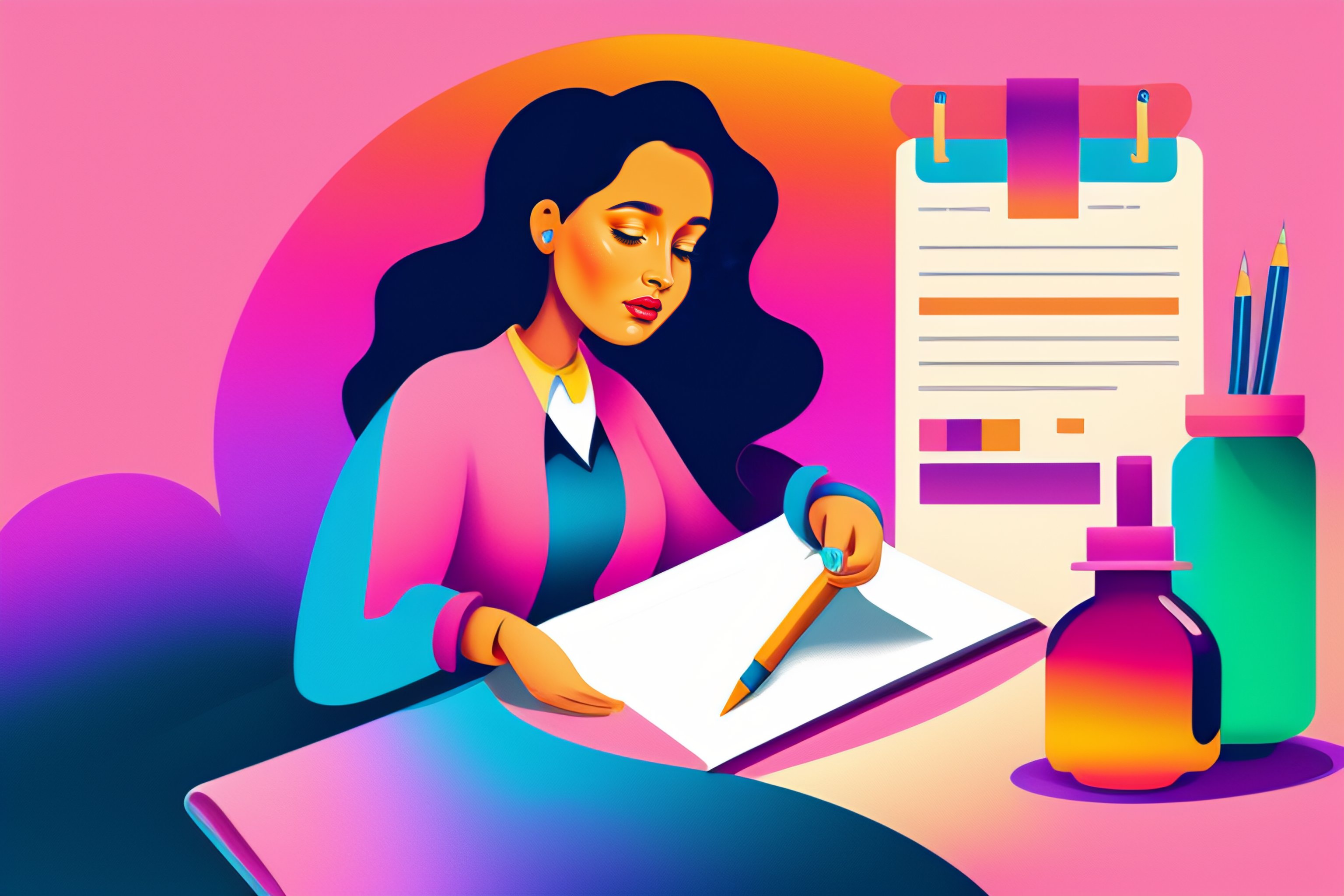 Lexica - Graphic illustration of a woman writing a cover letter for an ...