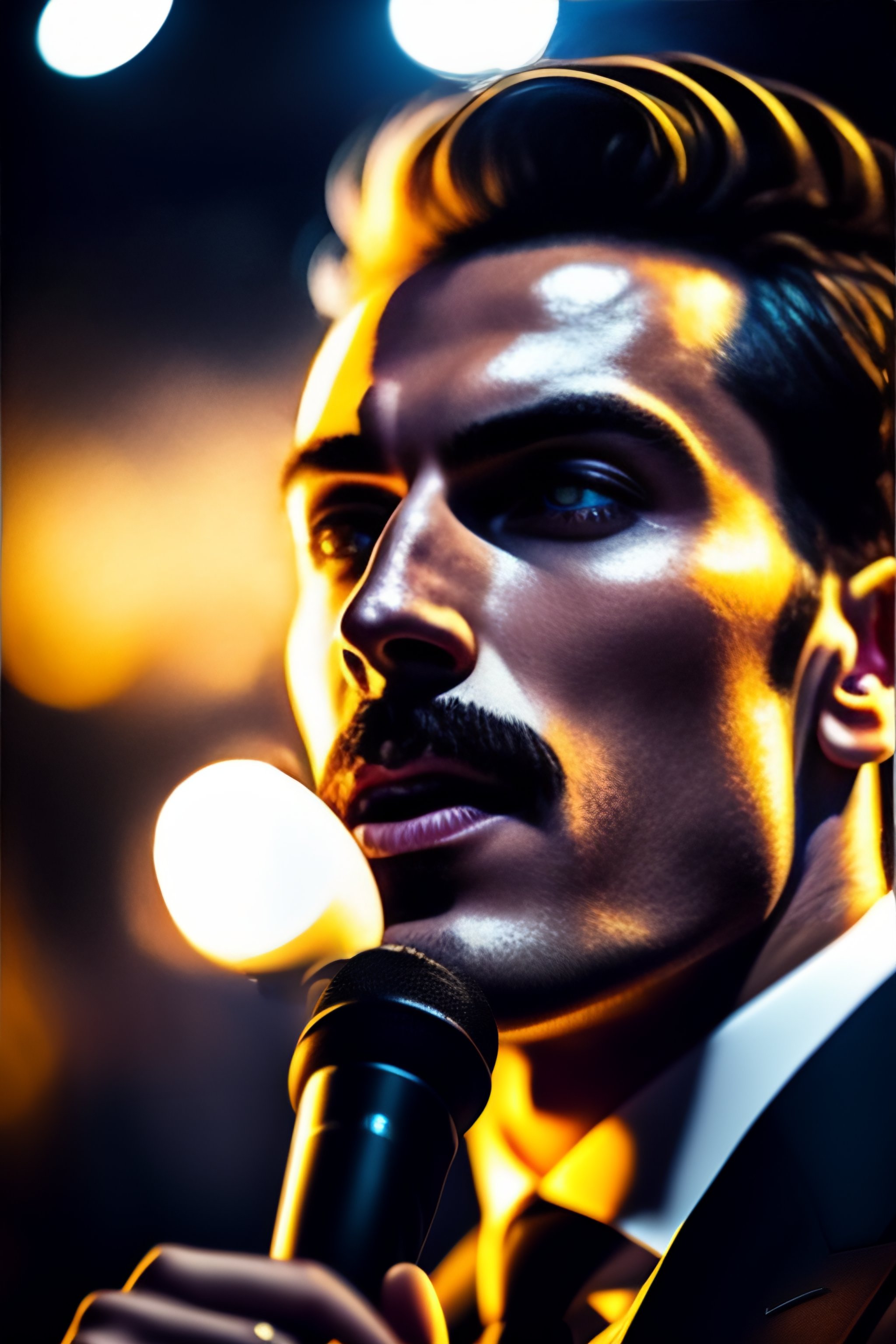 Lexica - A close up of a person holding a microphone, a photo, by Jean ...
