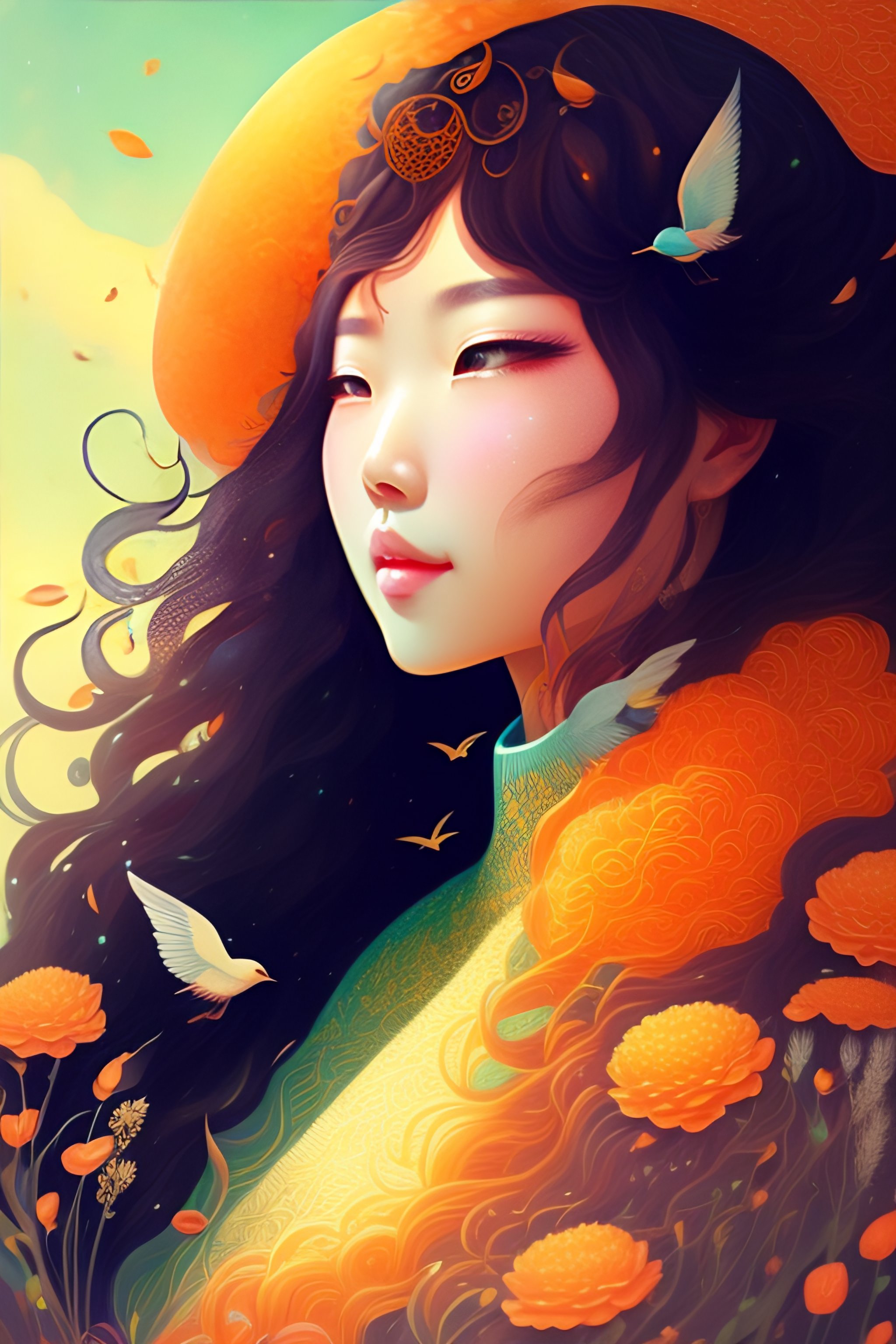 Lexica - Beautiful cute front portrait Korean ninfa, big long curly ...