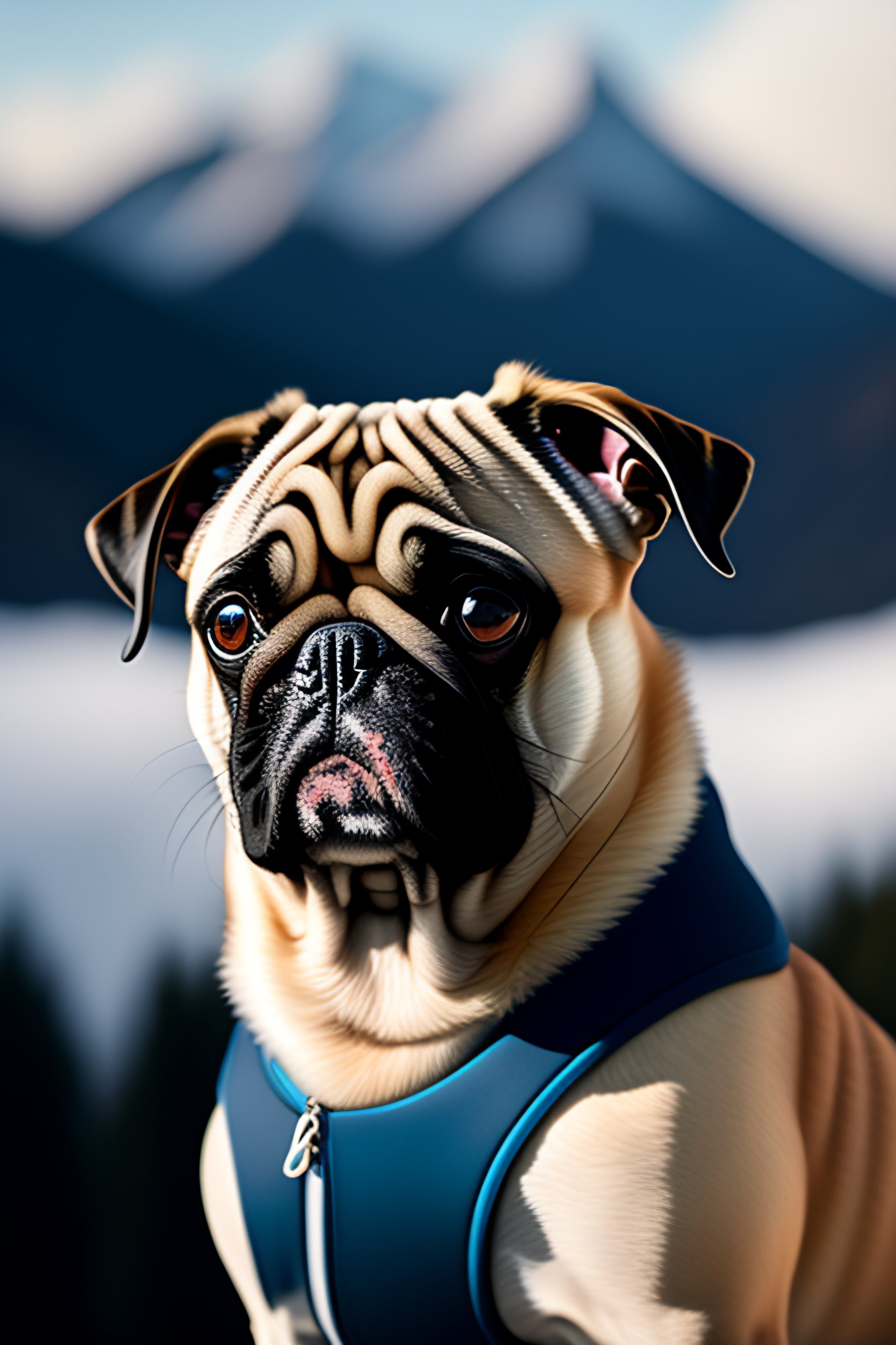 Lexica - Real pug, human body, suit, mountain background