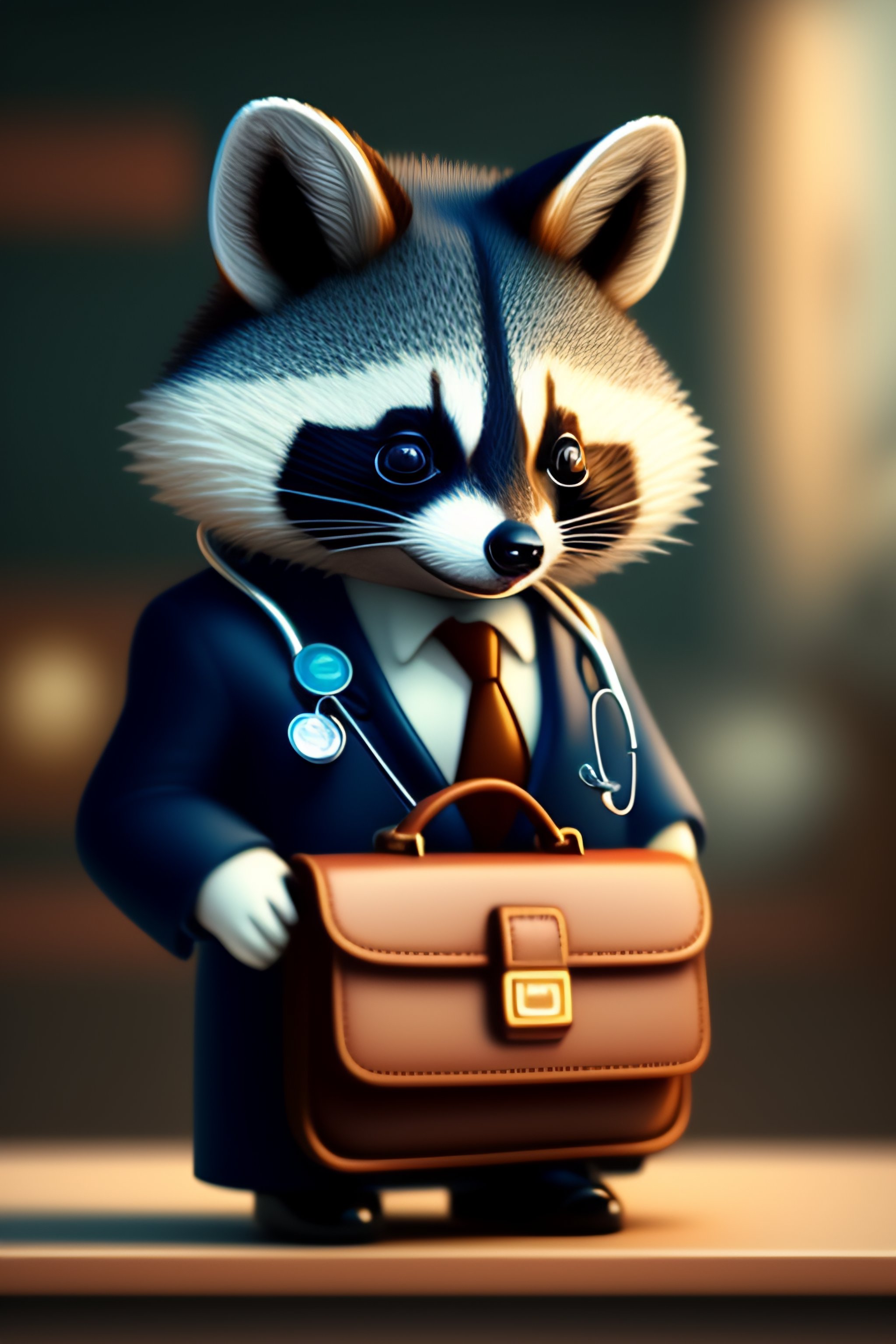 Lexica - Cute cartoonish Ukrainian racoon doctor with a briefcase