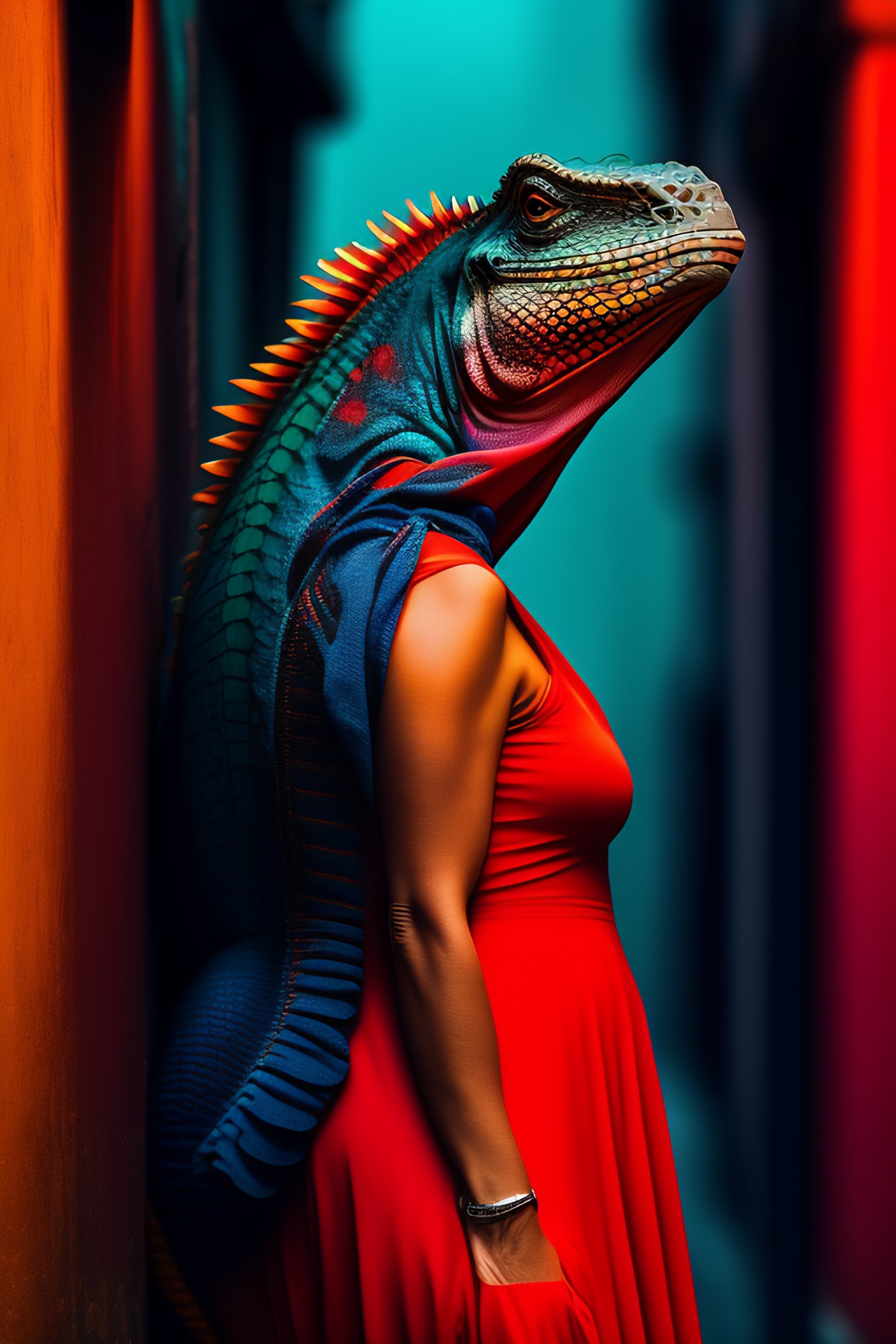 Lexica - Manly human iguana hybrid dress in a grey tshirt stroking chin ...