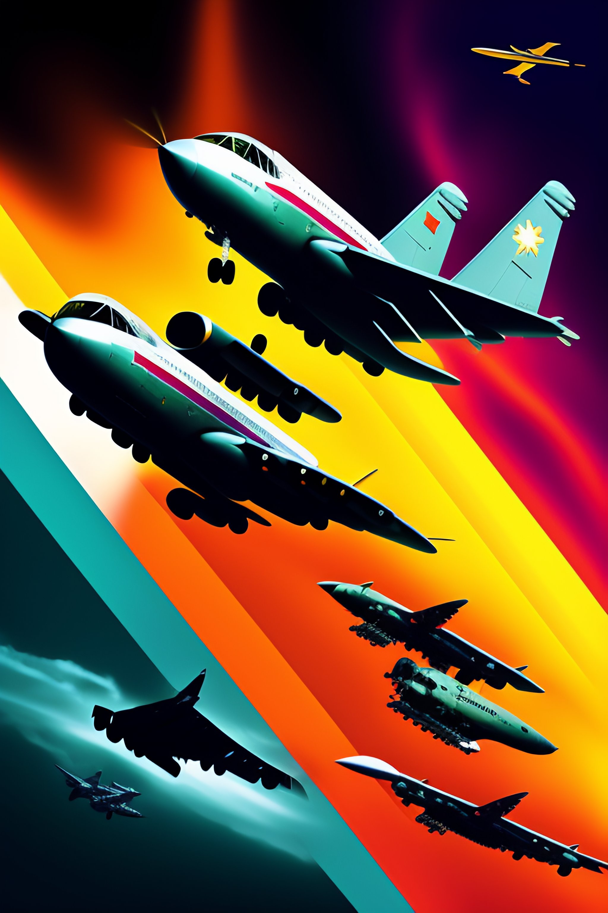 Lexica - 7 military planes flying parallel to each other in a vertical ...
