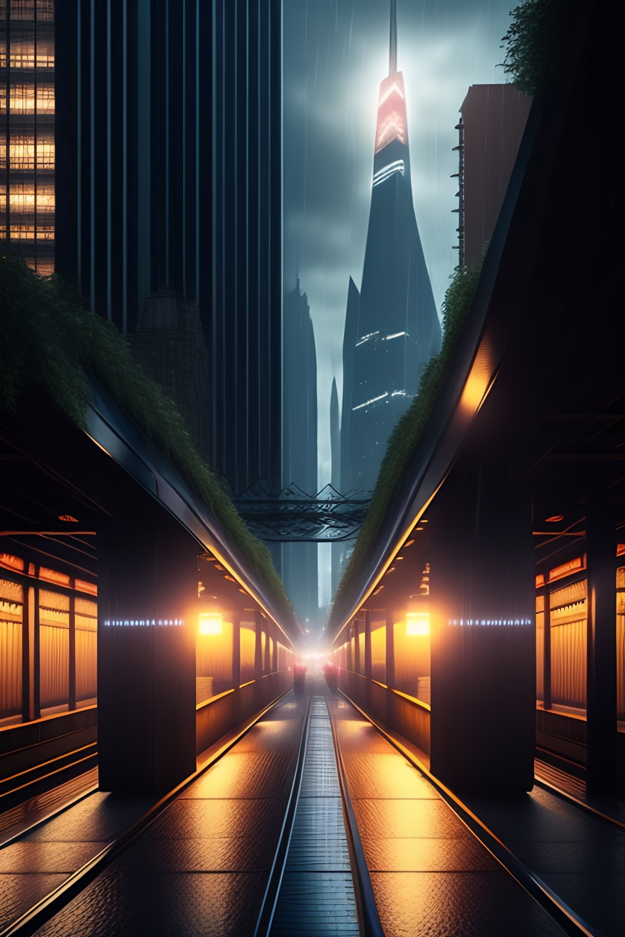 Lexica - A gloomy, rainswept modern Neogothic city, elevated subway ...