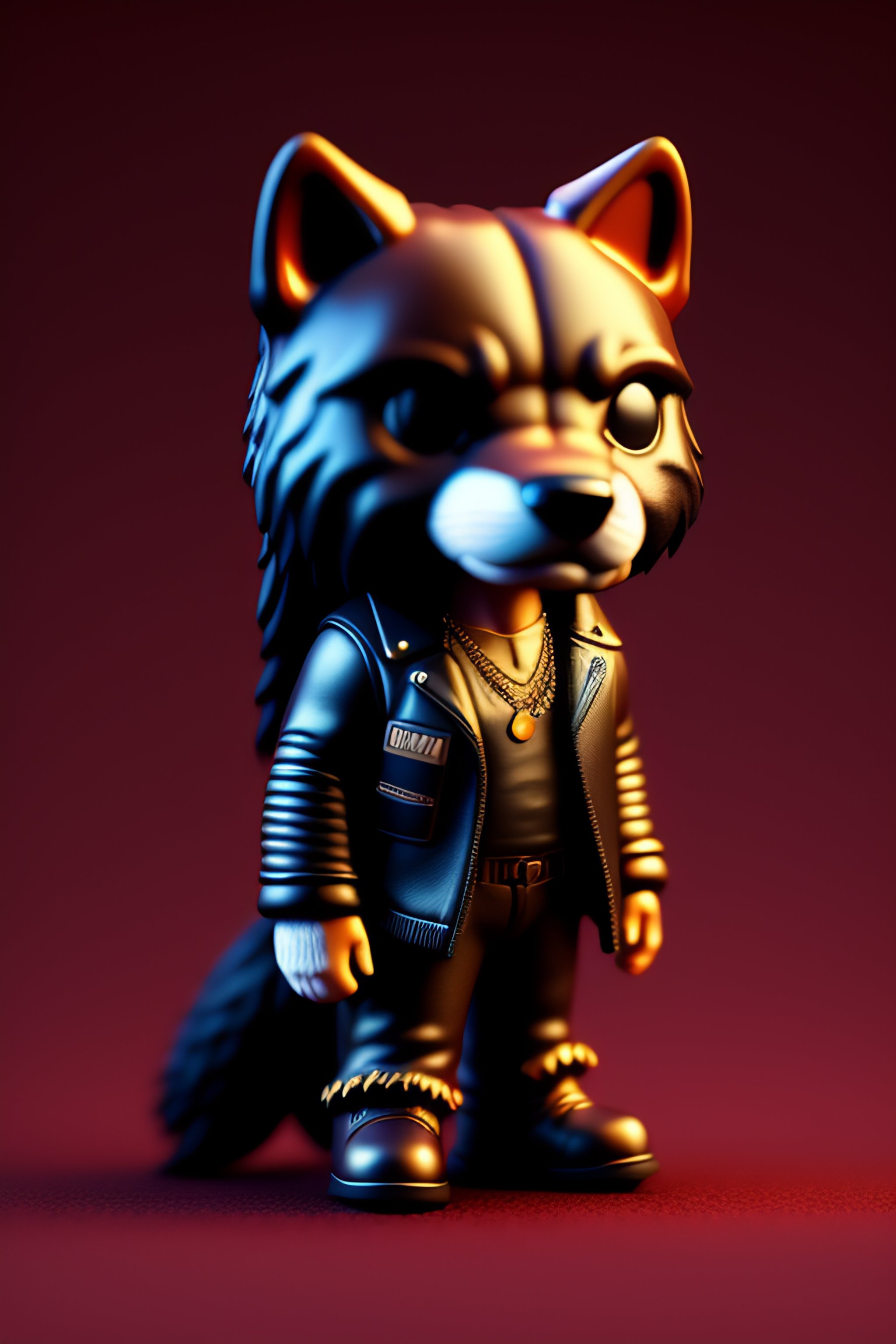 Lexica - Full body 3d render of funko pop wolf in a leather jacket