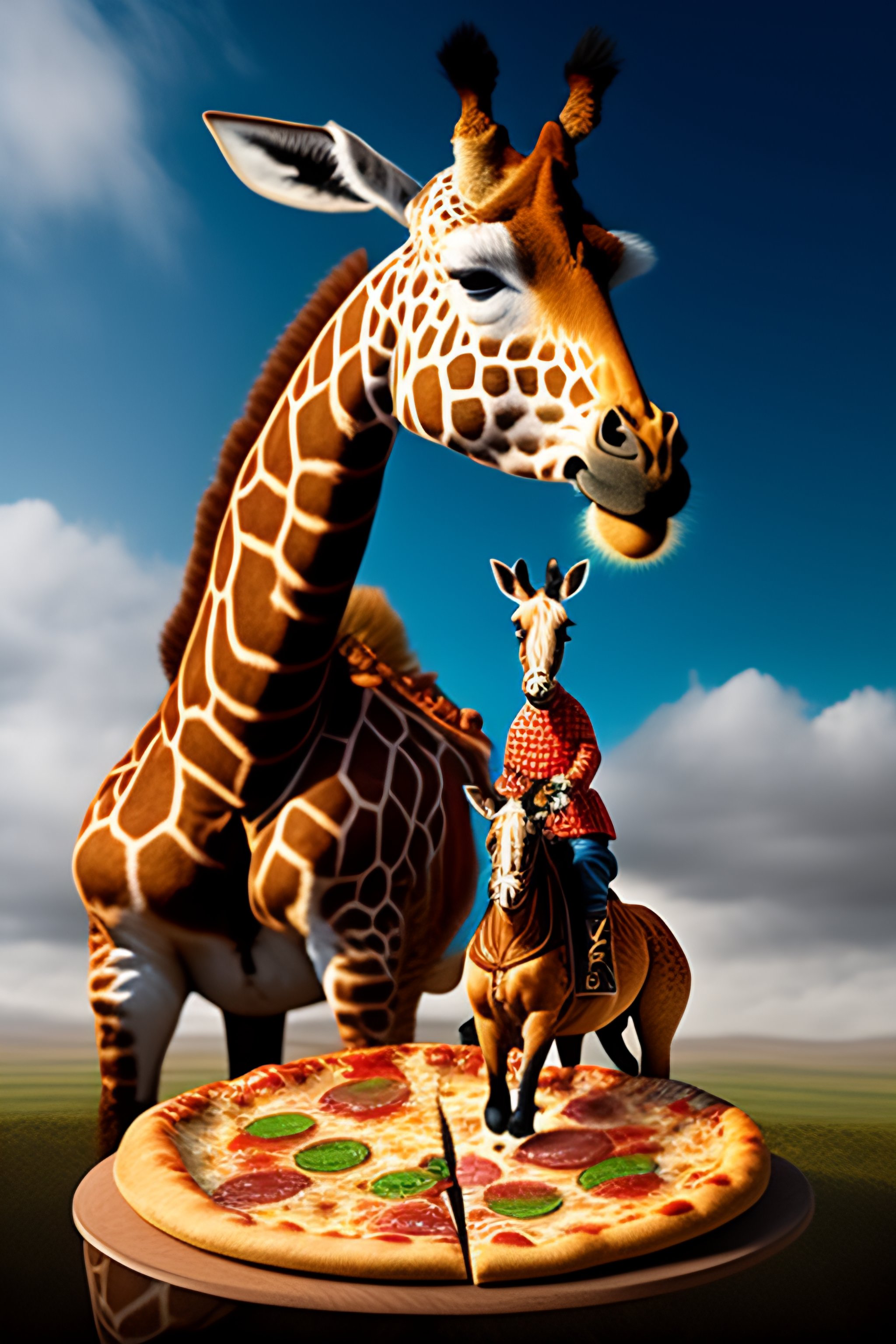 Lexica - Donkey Kong riding a giraffe while both eat pizza