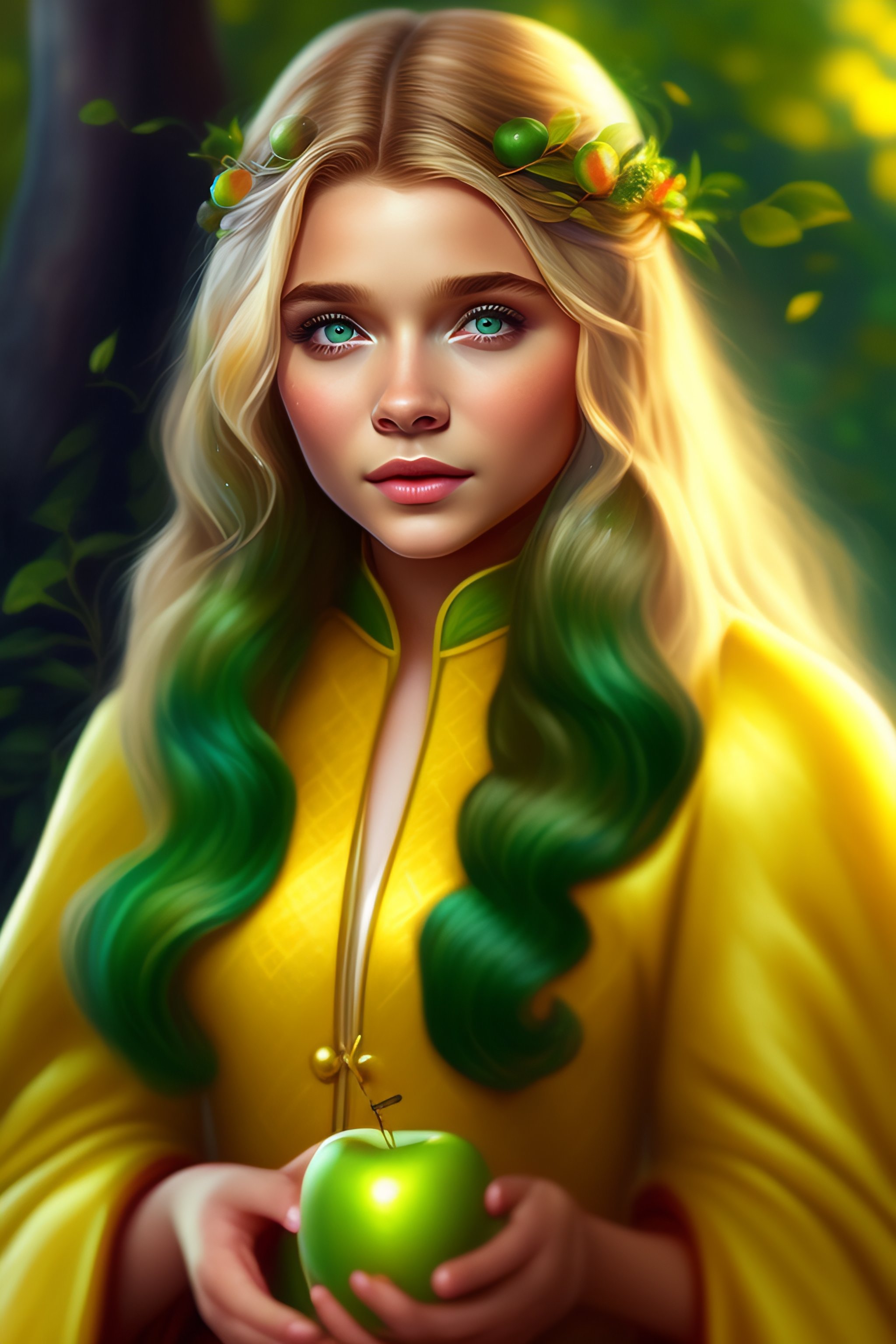 Lexica - Young mage chloe grace moretz holding an apple, Green hair ...