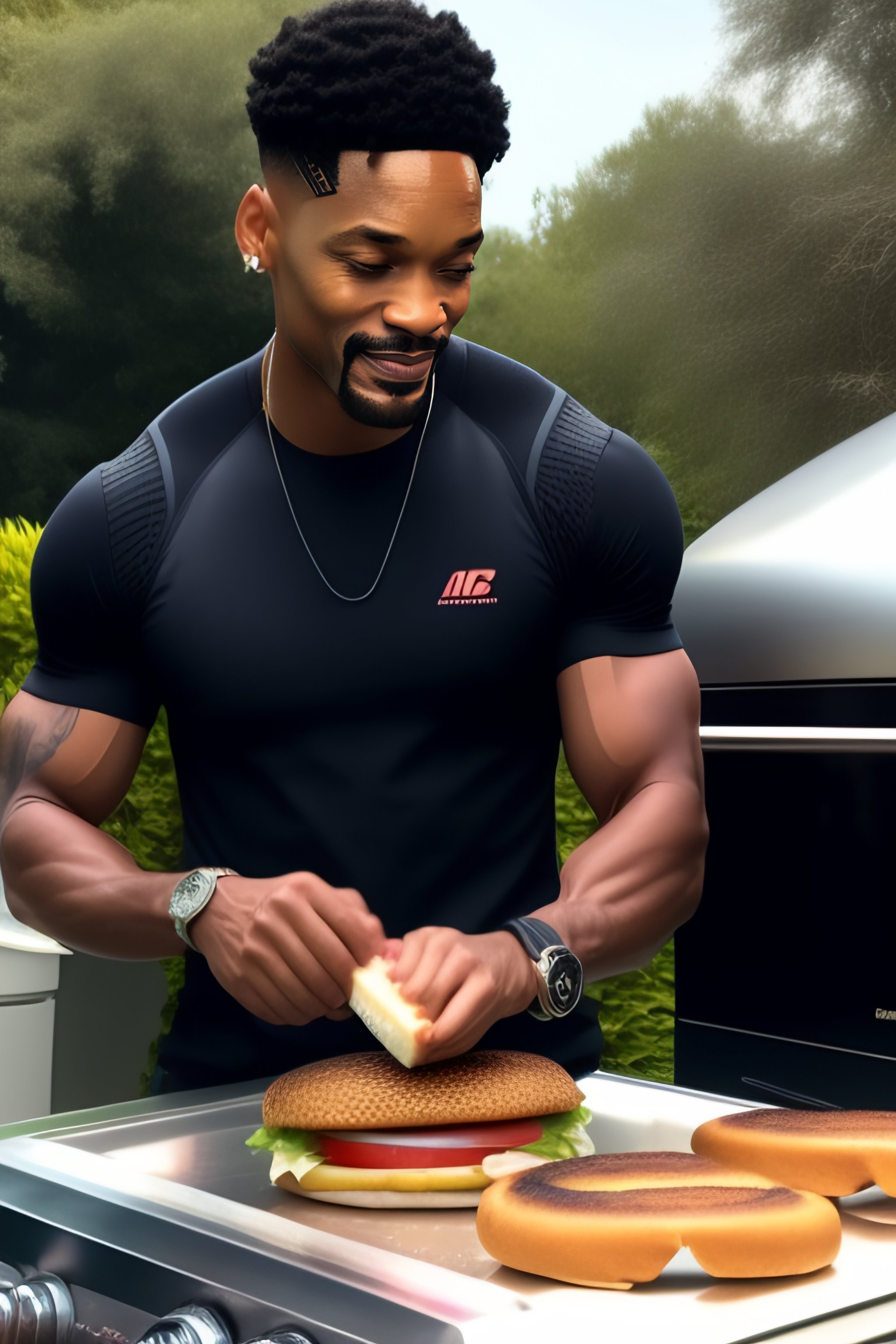 Lexica - A skinny Will Smith cooking burgers on a barbecue in his backyard