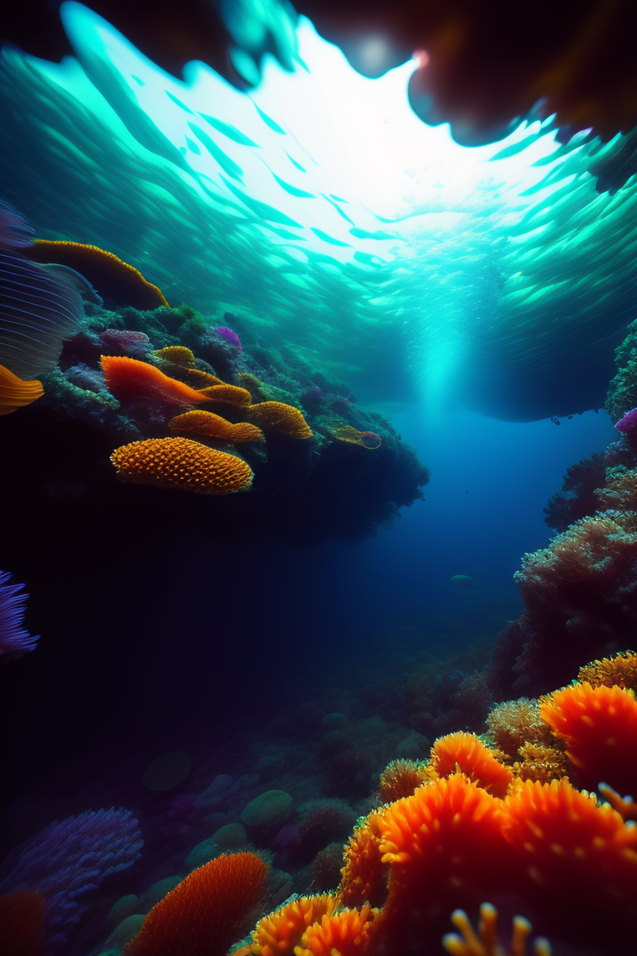 Lexica - Under water, deep sea, dark, cinematic, small glow, wide angle