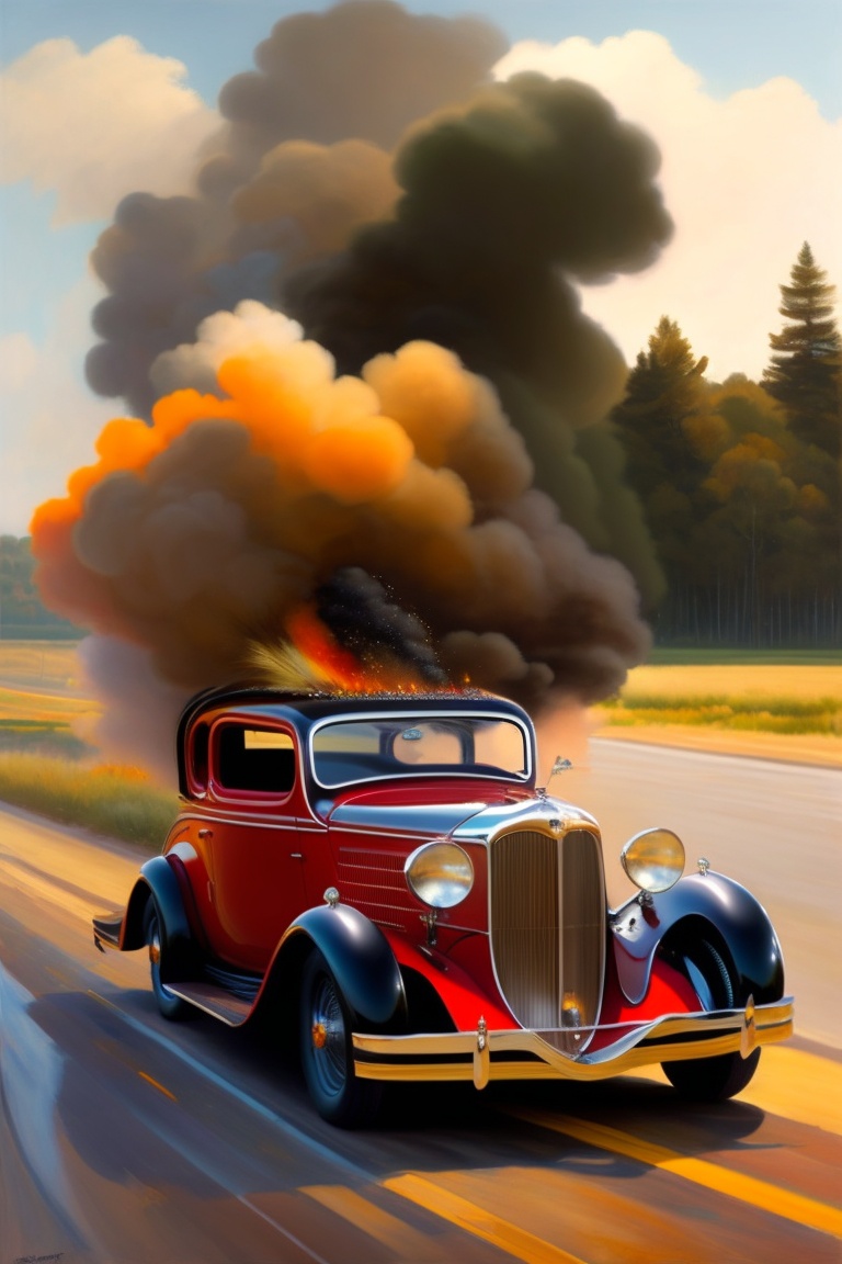 Lexica - Exploding car, a painting by norman rockwell, thick brush strokes