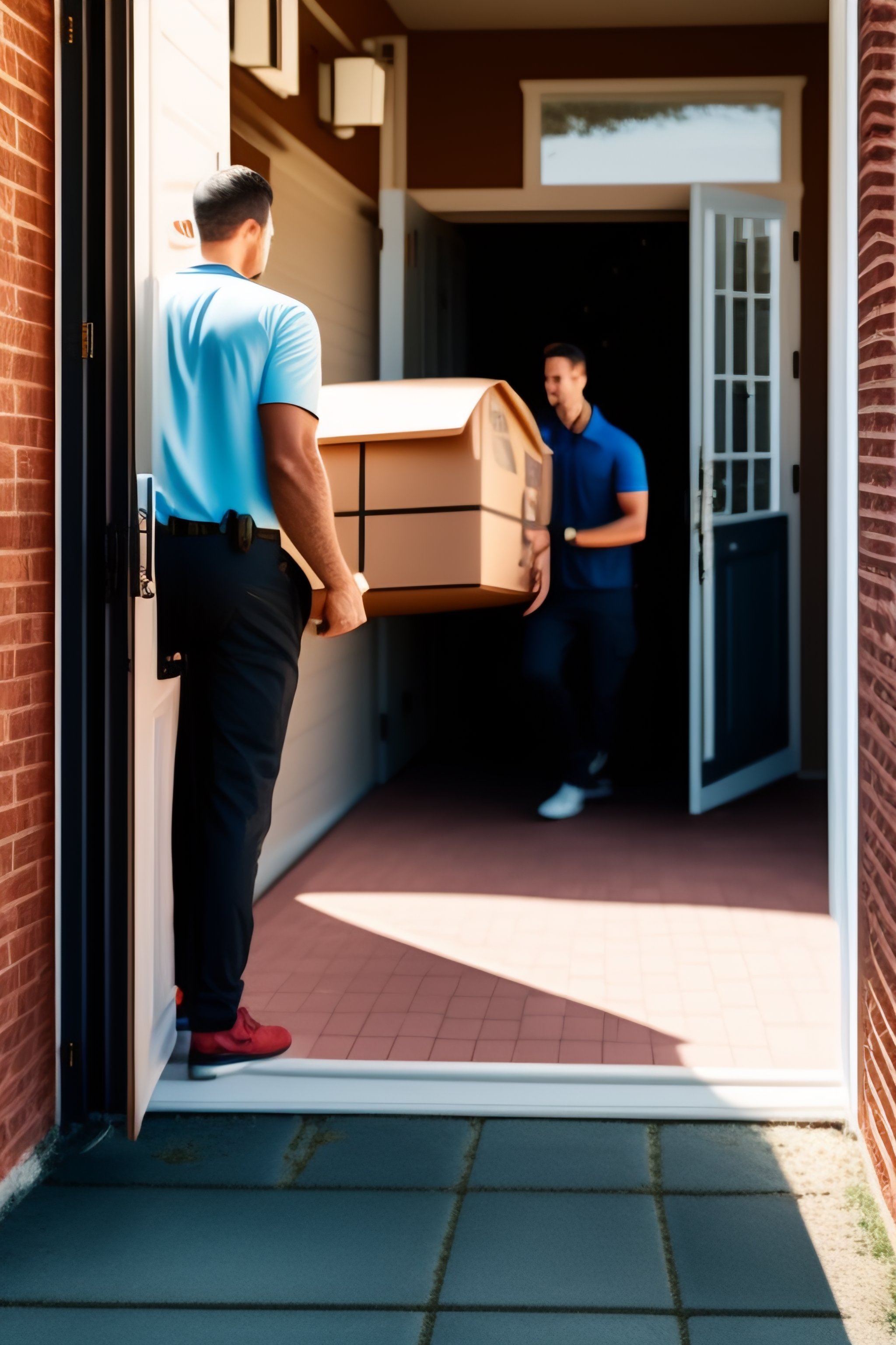 Lexica - Delivery van driver carrying a package to the doorstep of a ...
