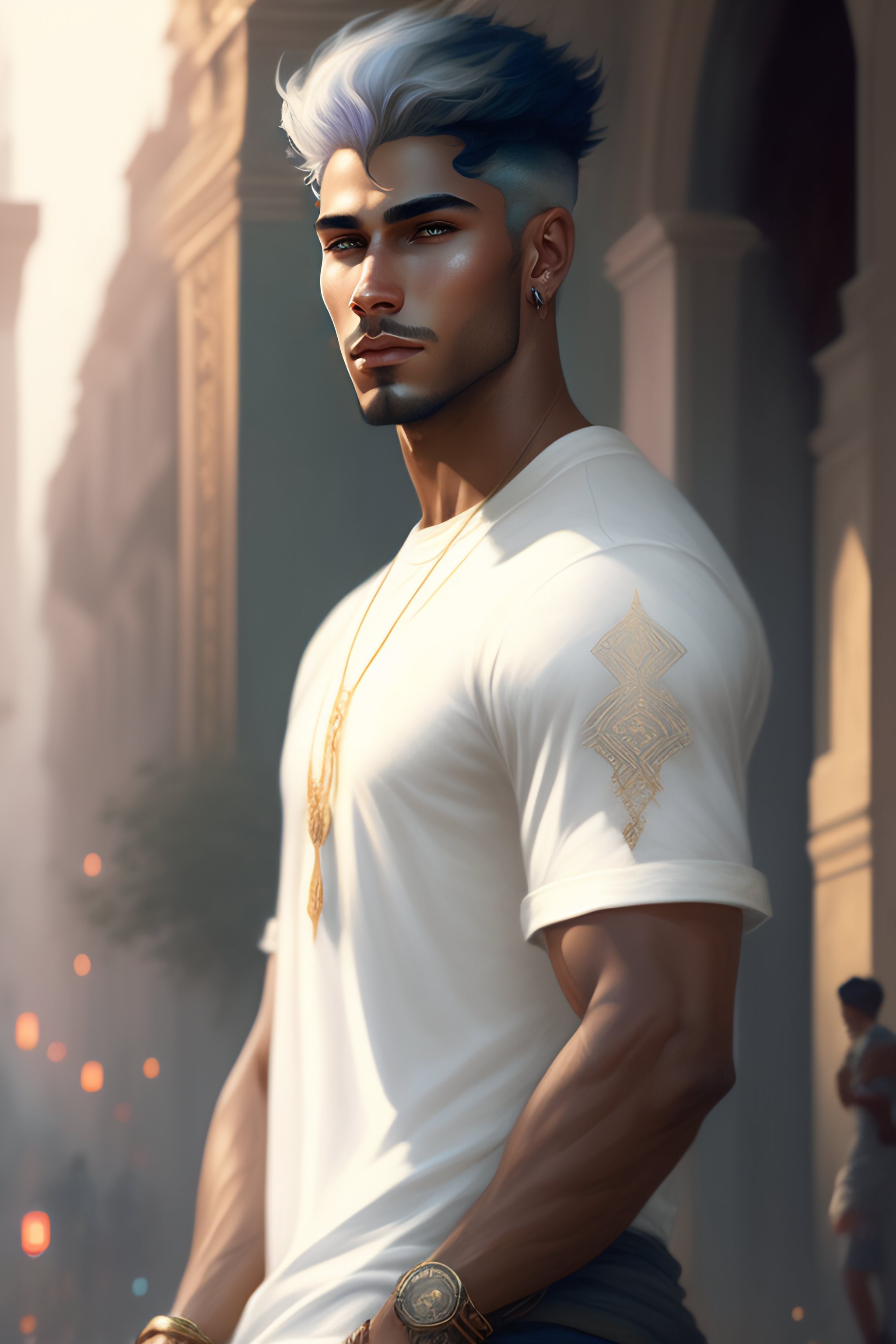 Lexica - Young man, a demigod with white hair, wearing jeans and a t ...
