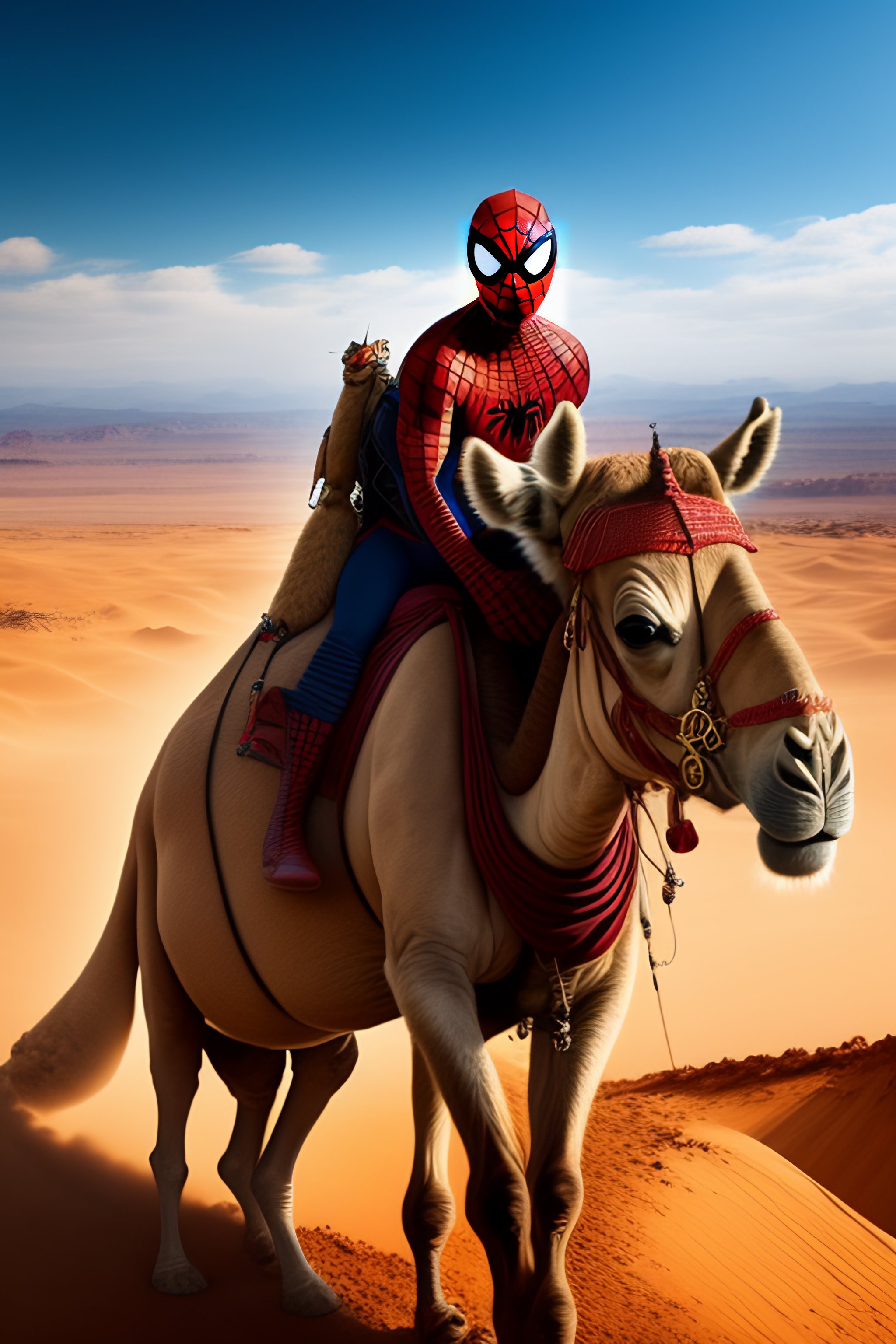 Lexica - Spiderman riding a camel.