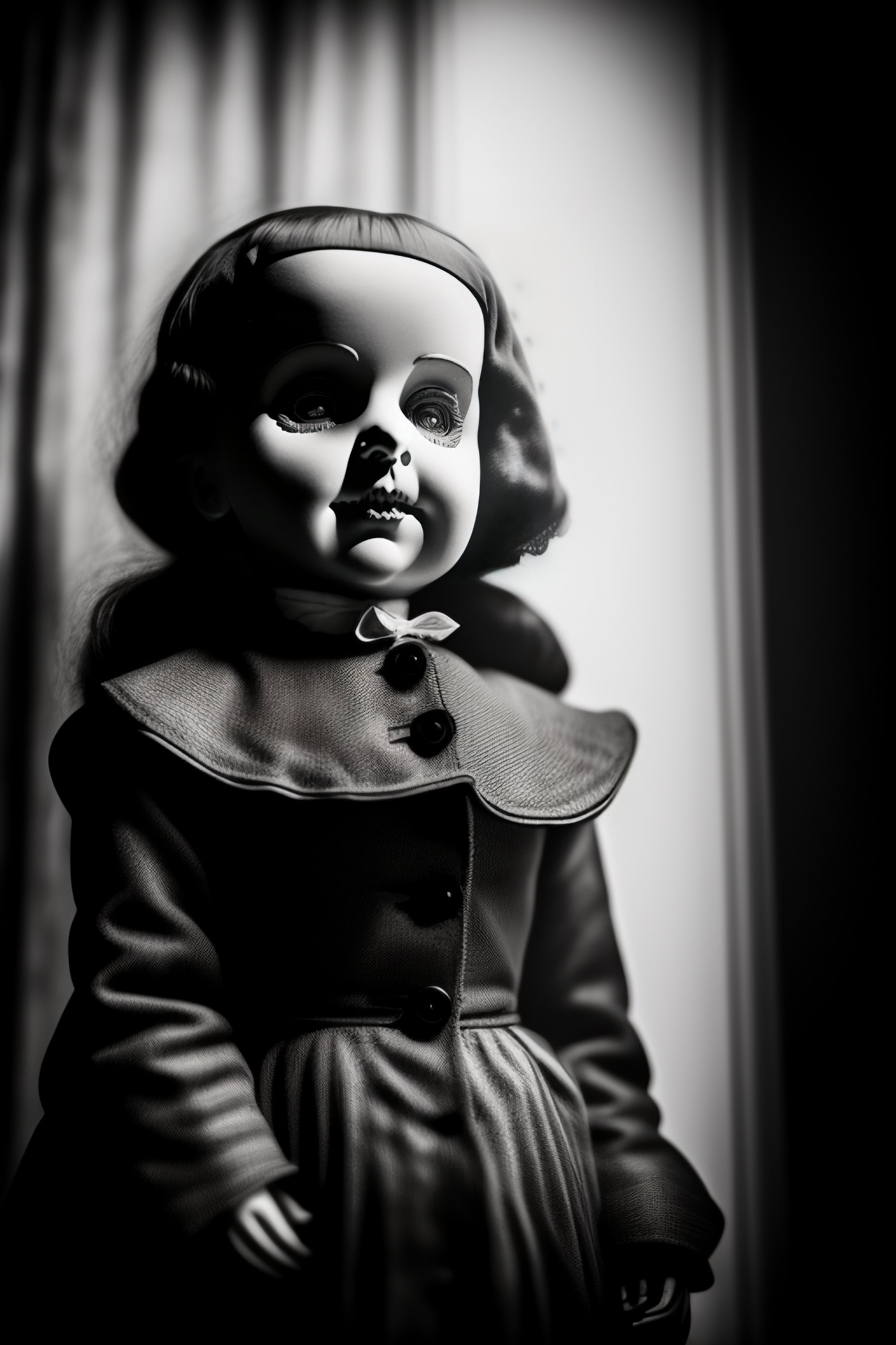 Lexica - Scary ventriloquist doll standing on a stage, looking into the ...