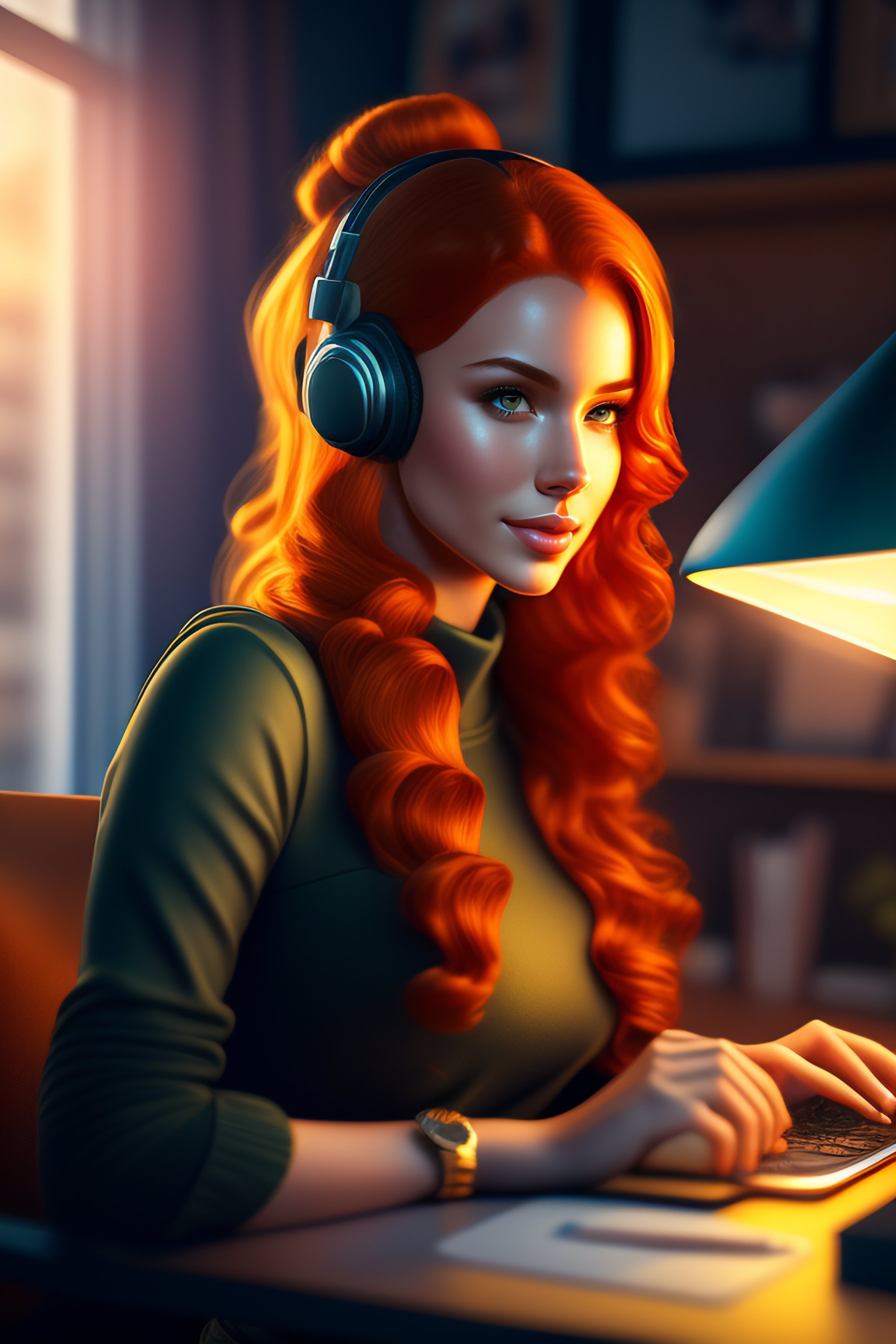 Lexica - Photo of cute young redhead brown skinned woman gaming at her ...