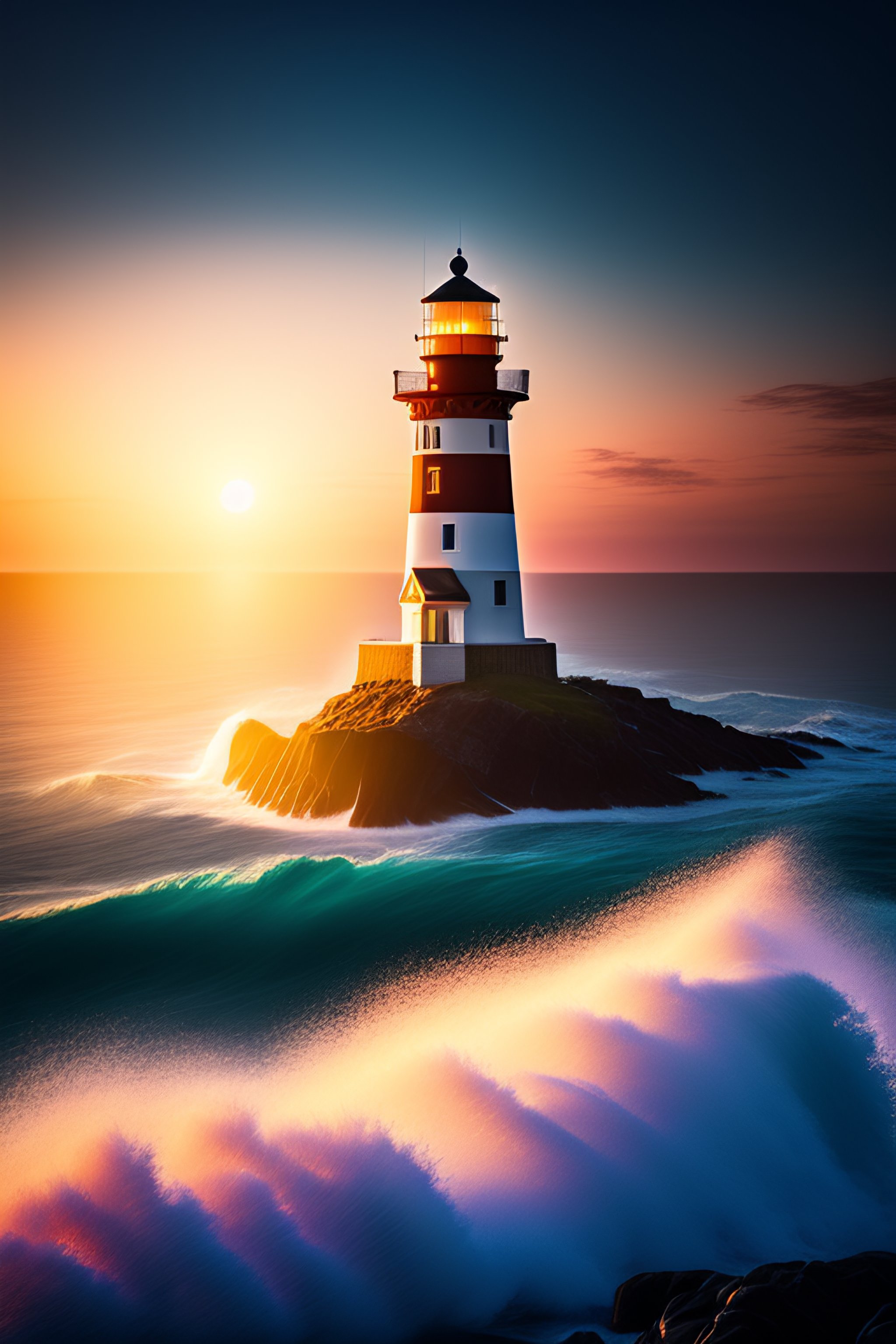 Lexica - A lighthouse in the middle of the sea, with wild sea hitting ...