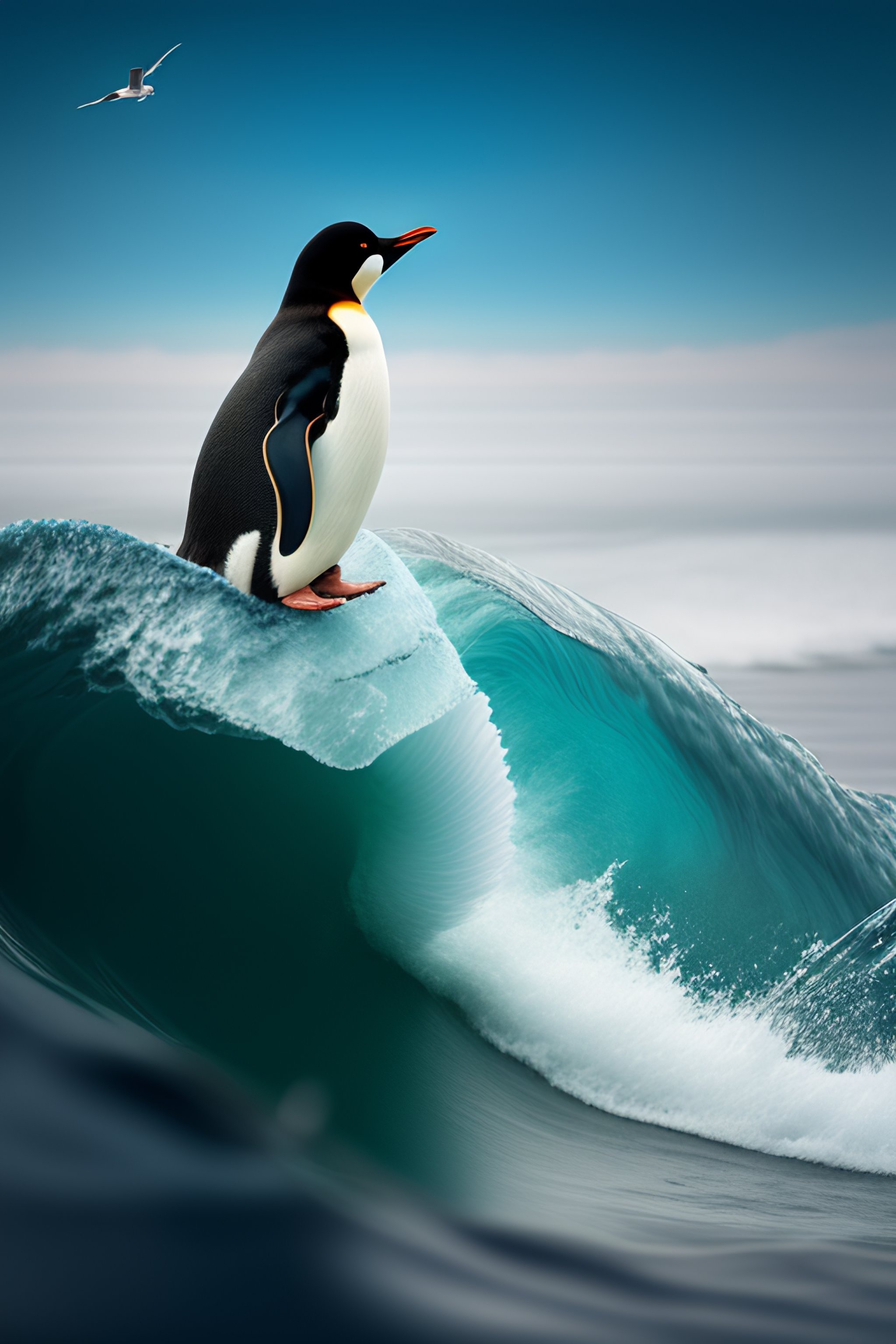Lexica - Penguin surfing in the sea, realistic, 8k resolution
