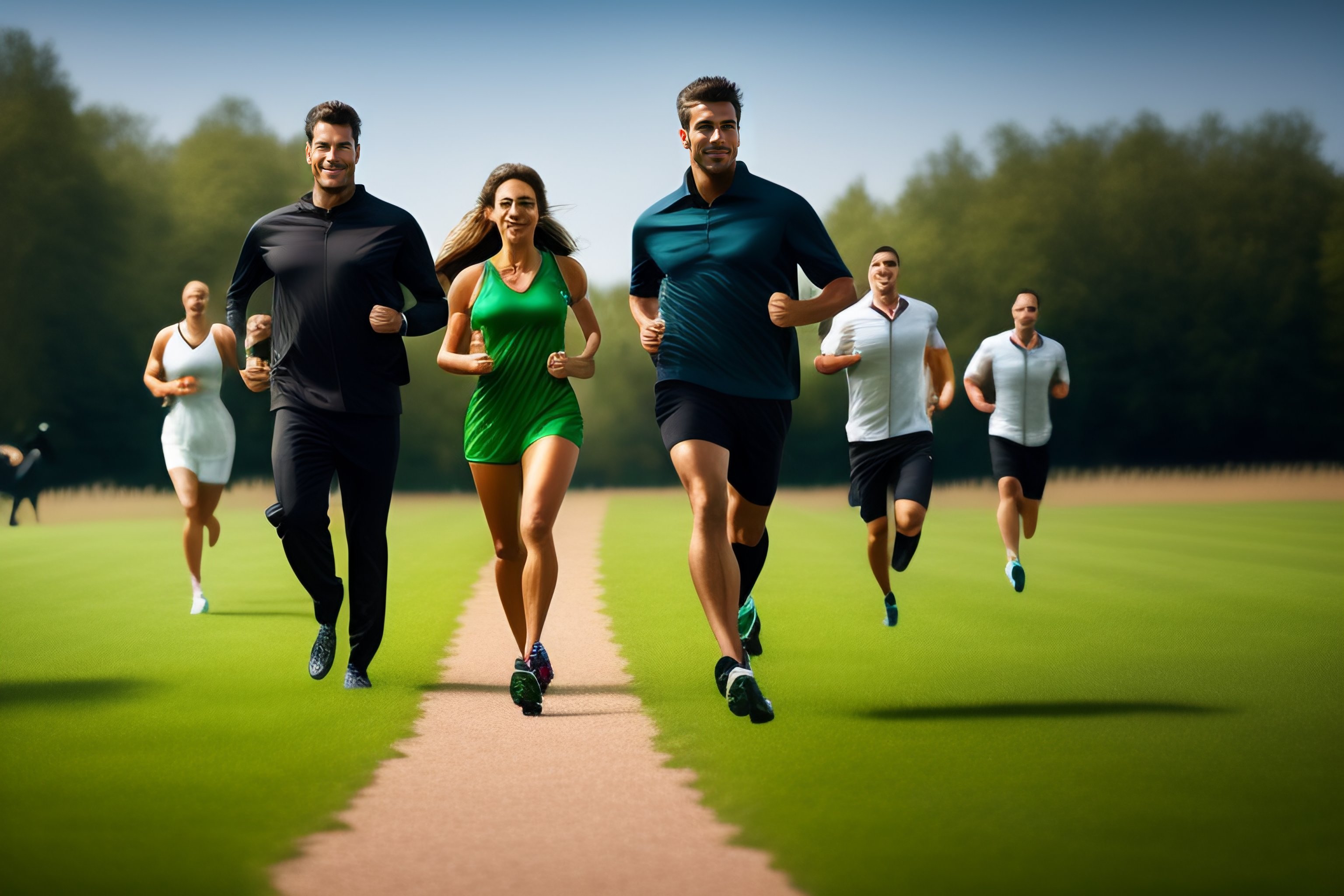 Lexica - Background full of men and women chasing, front view, green ...