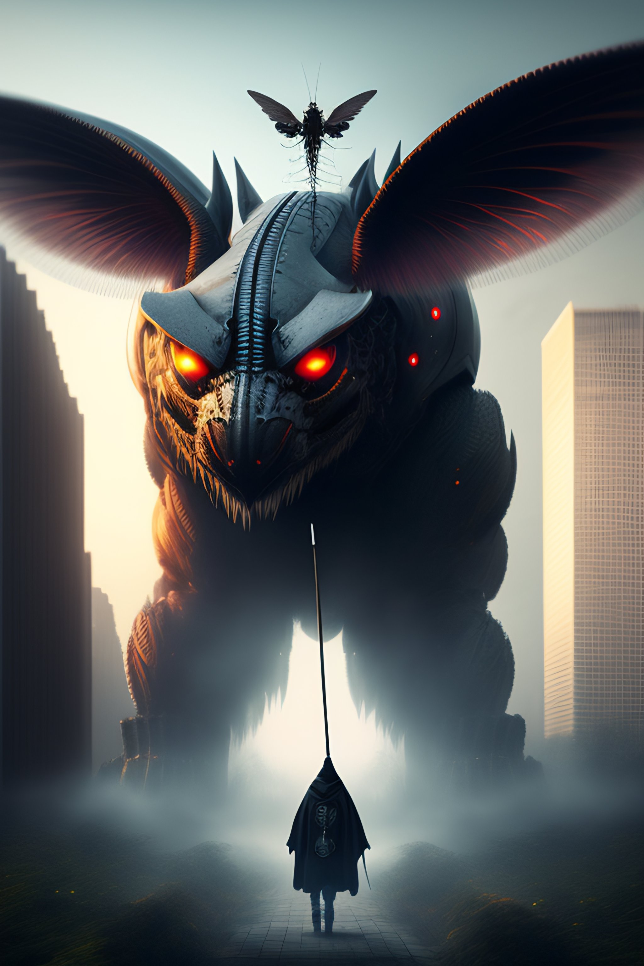 Lexica - Enormous monster mosquito in gray cloak white ceramic mask ...