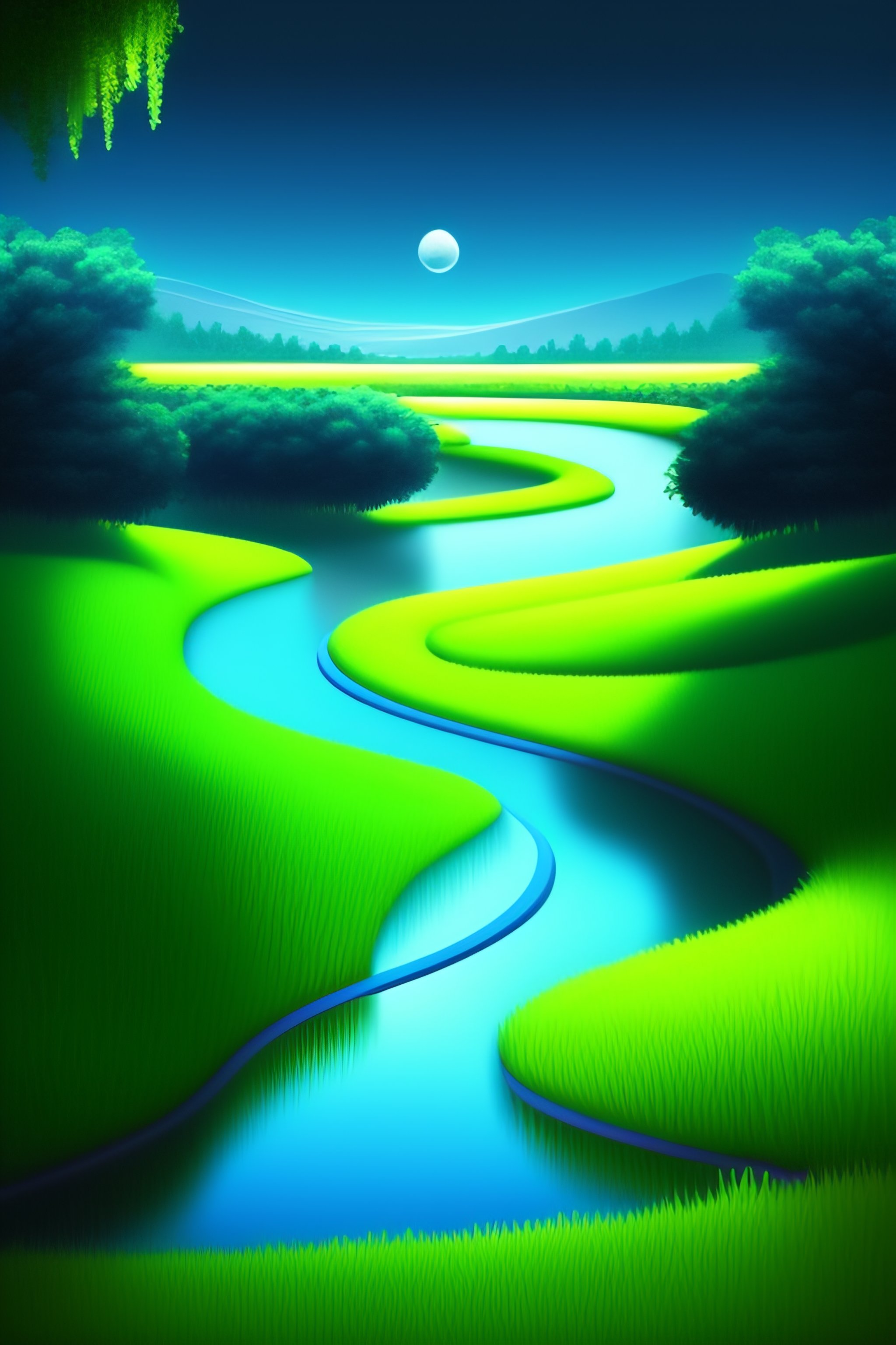Lexica - Blue river flowing in middle of a green field, within a water ...