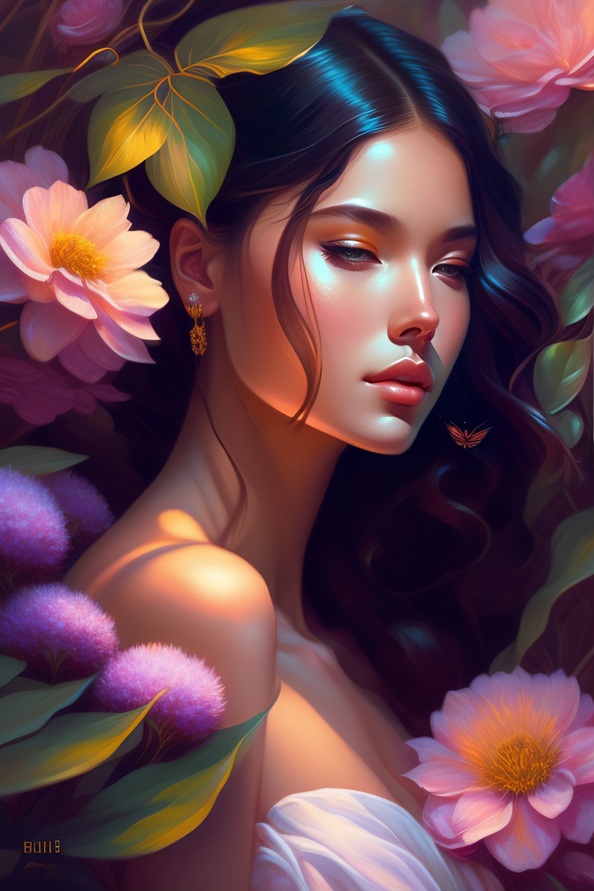 Lexica - Surreal beautiful young woman, sitting with flowers, detailed ...