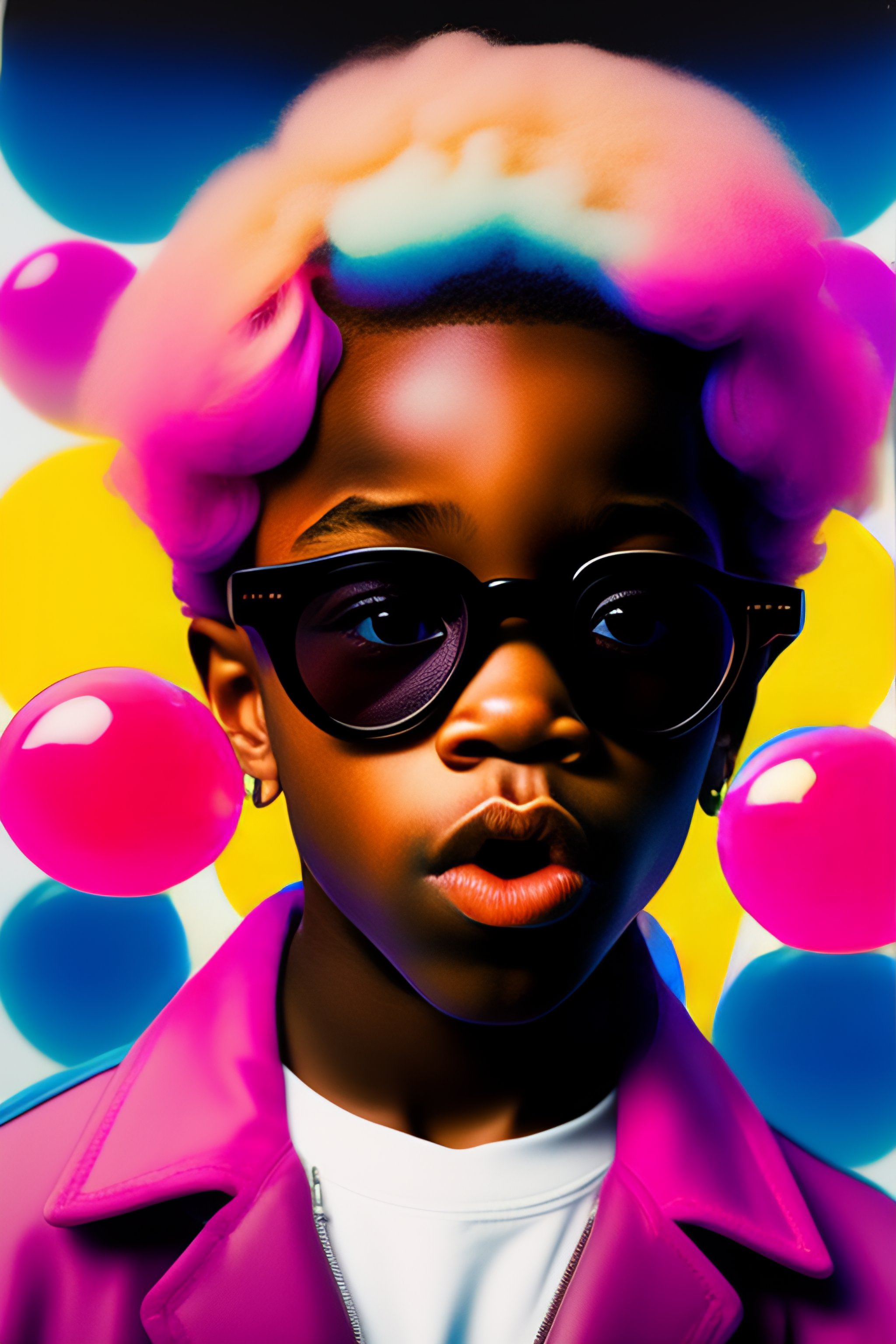 Lexica - Portrait African american boy wearing pale sunglasses and blowing a bubble with bubble ...