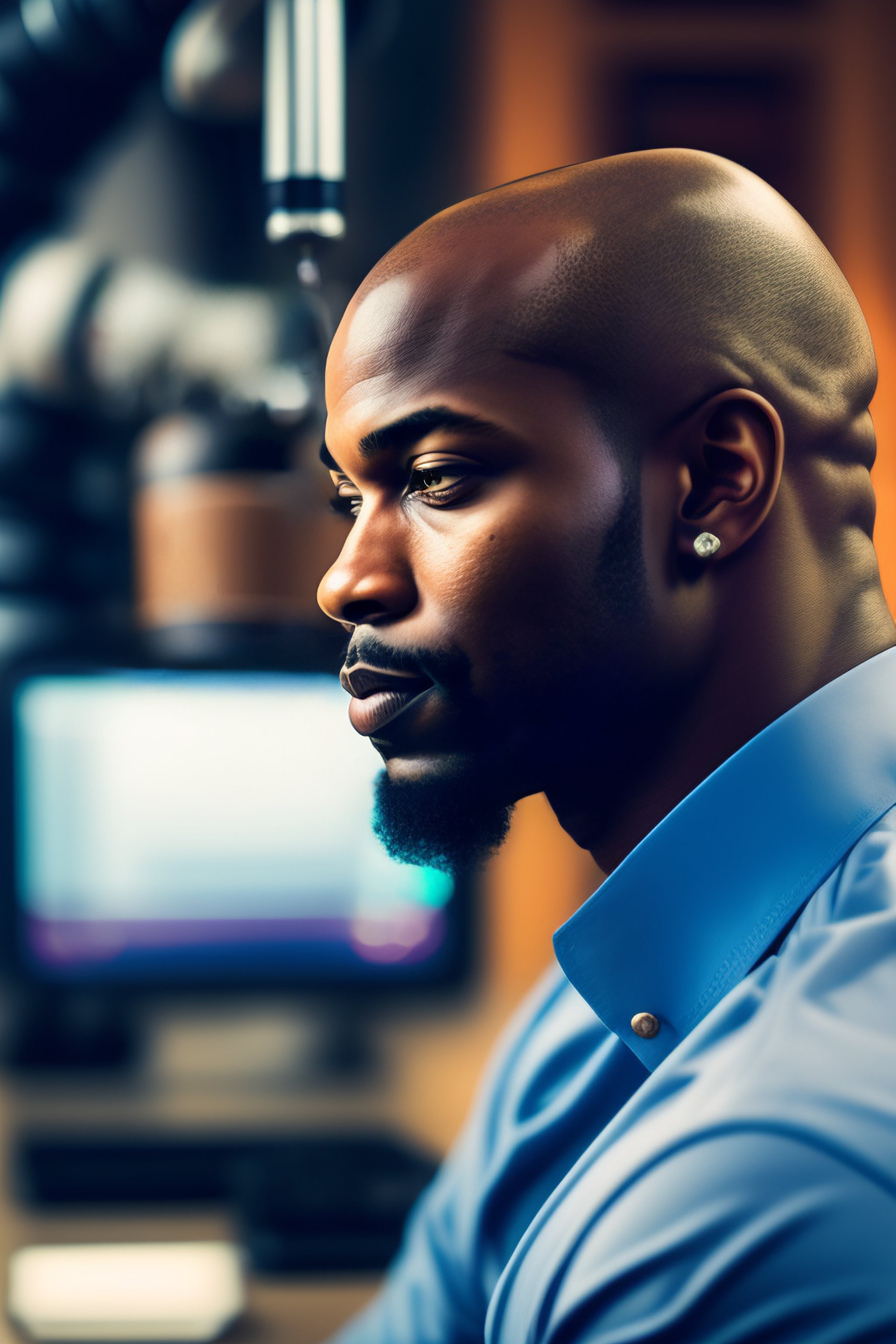 Lexica - Bald african american man commanding a robot to use computer ...