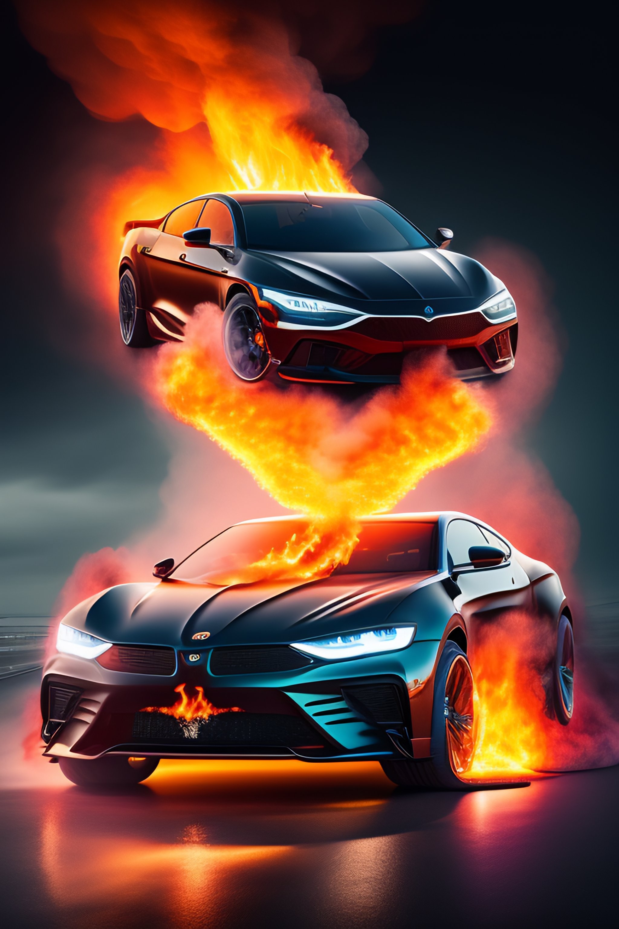 Lexica - A burning flying car inflames of fire, night rider