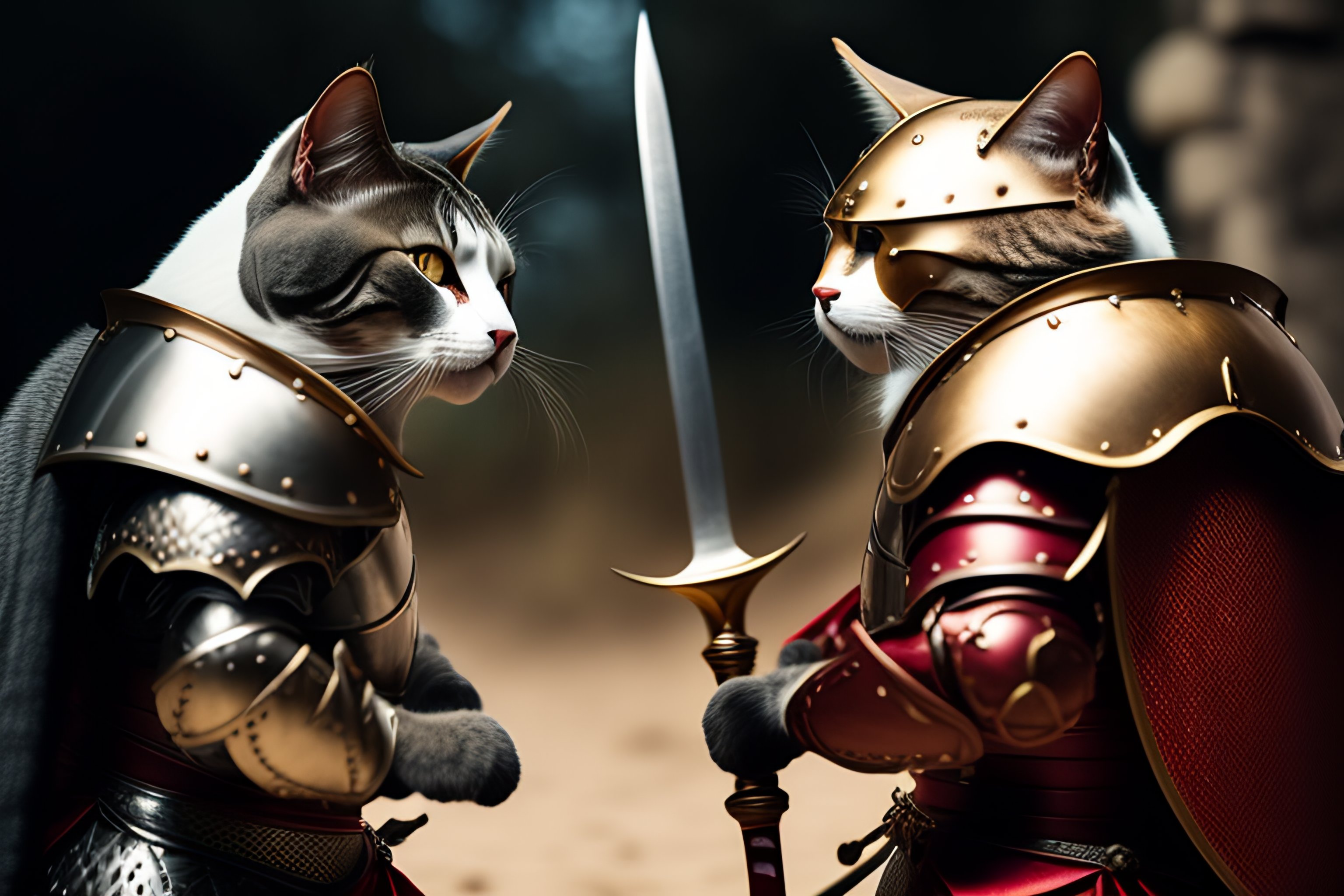 Lexica - Two knight british cats in armor fighting on swords
