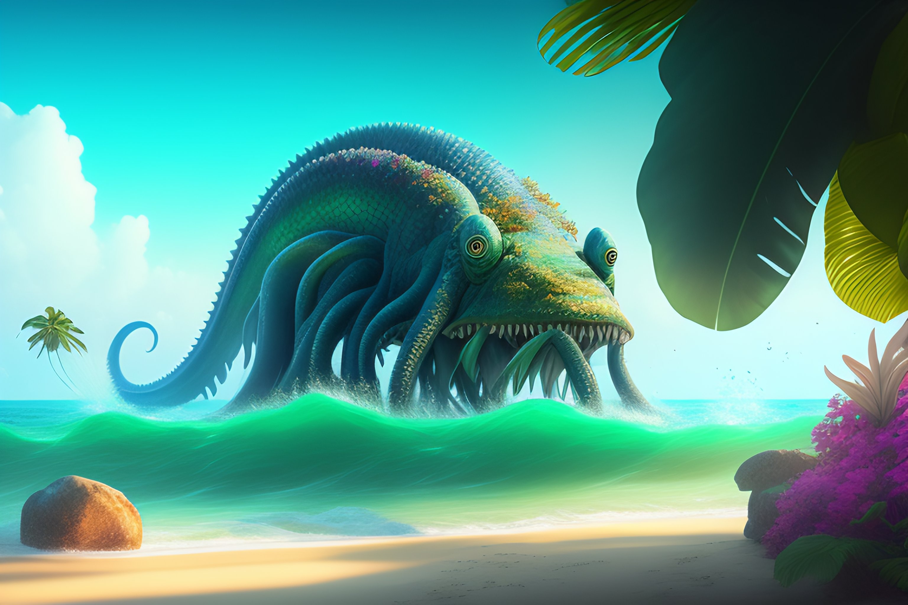 Lexica - Monster kraken in water on tropical beach with greeneries and colorful flowers, full ...