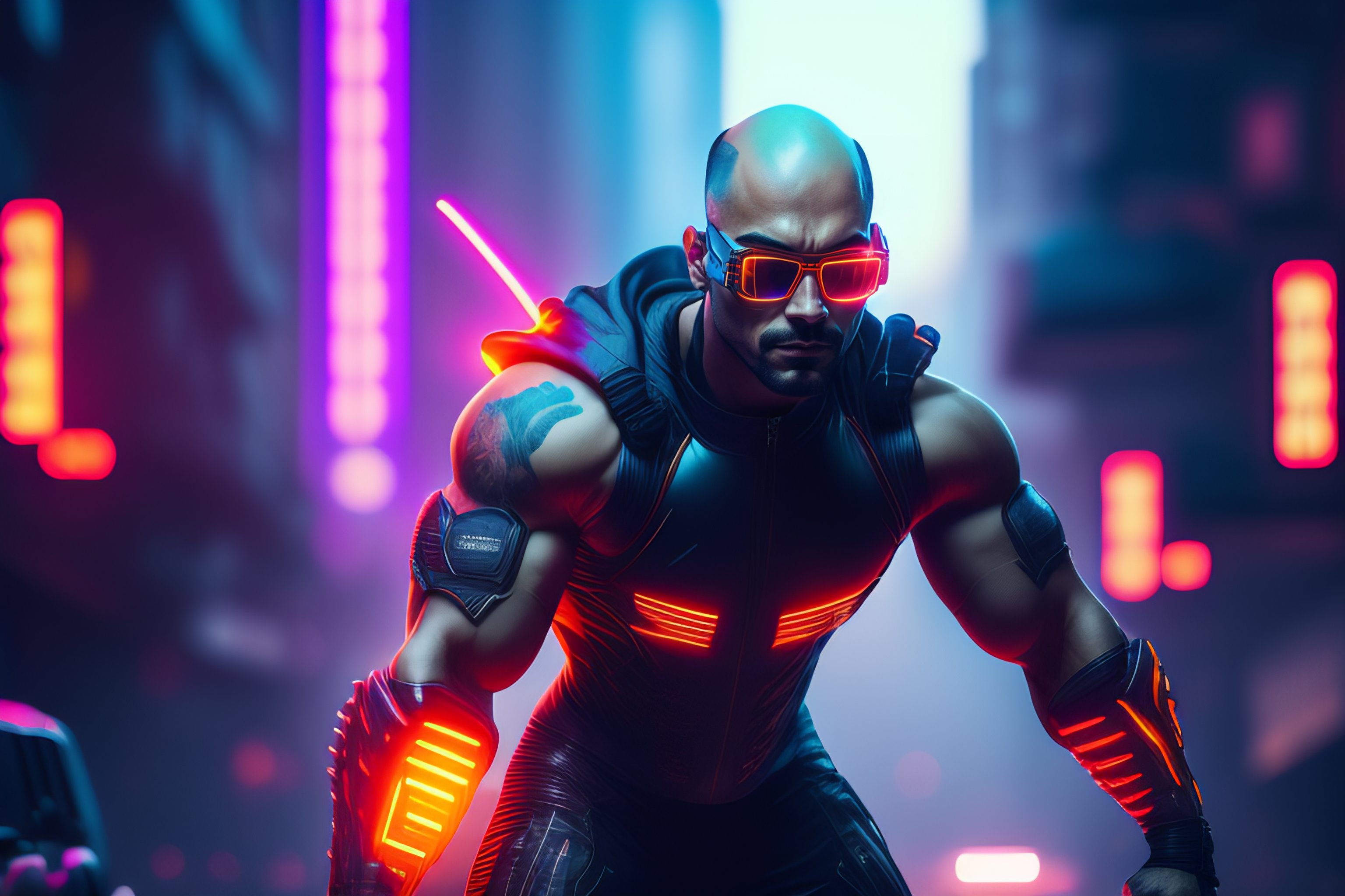 Lexica - Action shot of a bald cyberpunk man with cyberneticaly ...