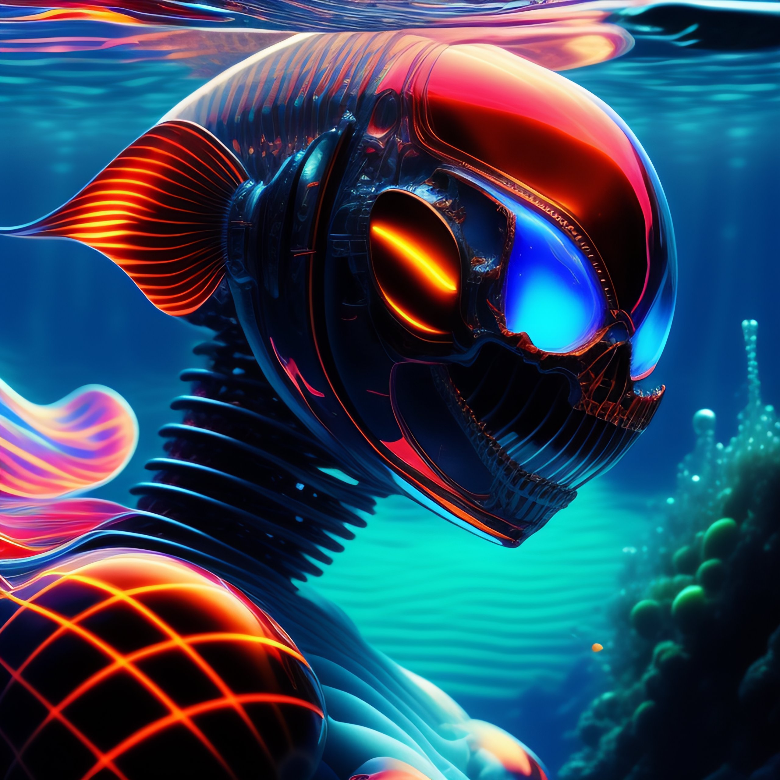 Lexica - Chrome skeleton with neon glowing red eyes underwater, coming ...
