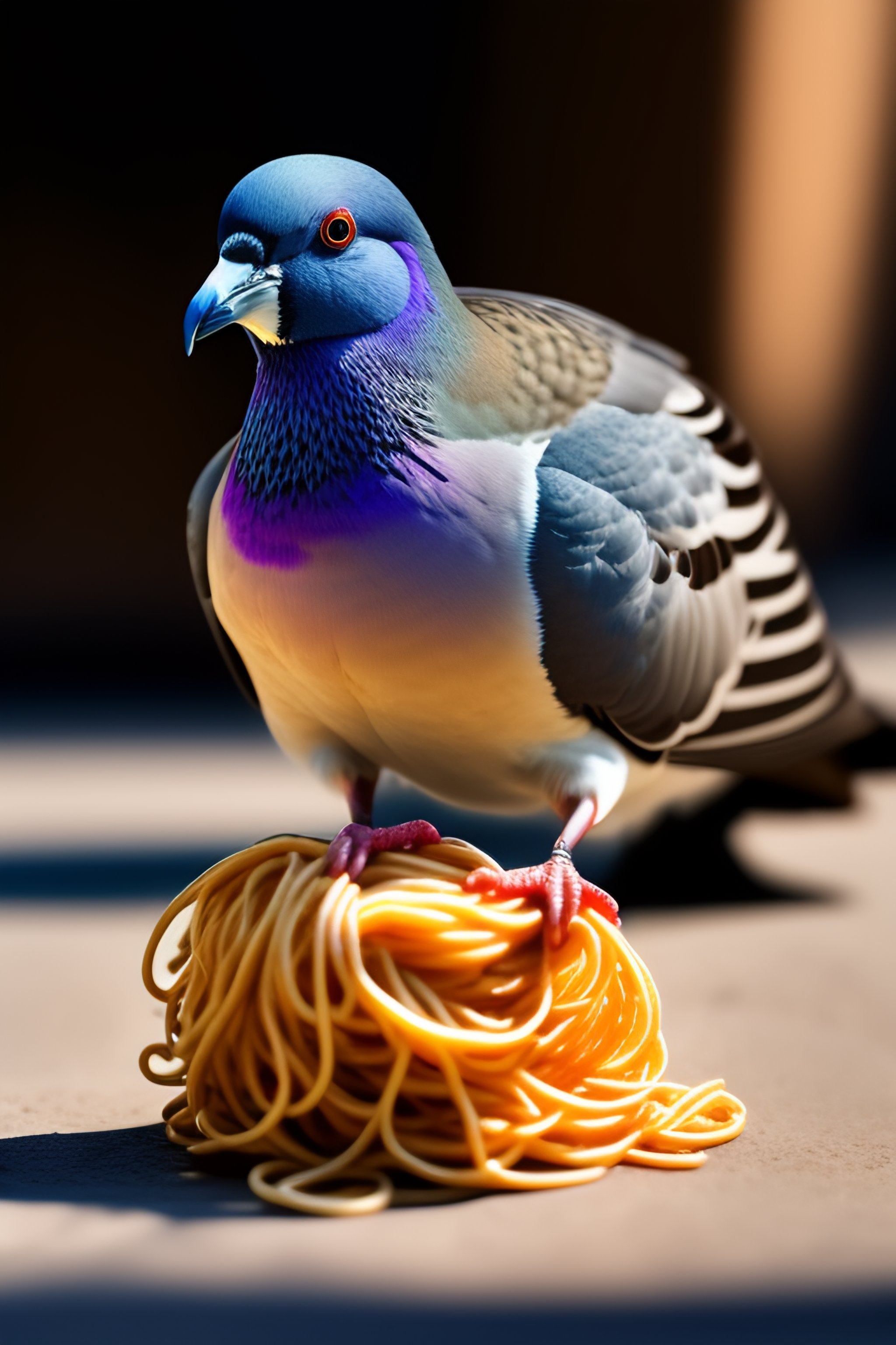 Lexica - A pigeon eats spaghetti in a yard