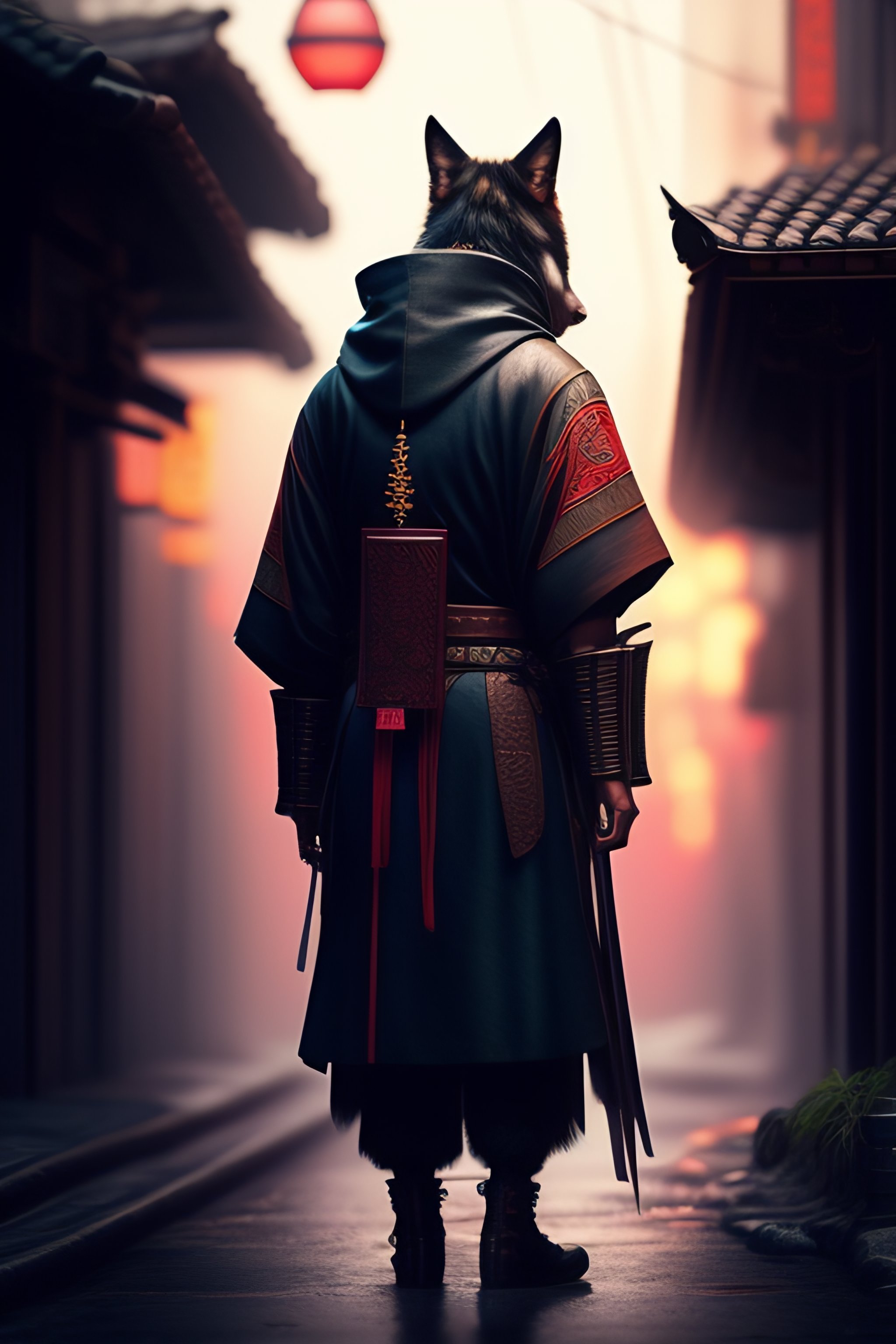 Lexica - Samurai wolf realism in a cyberpunk alley