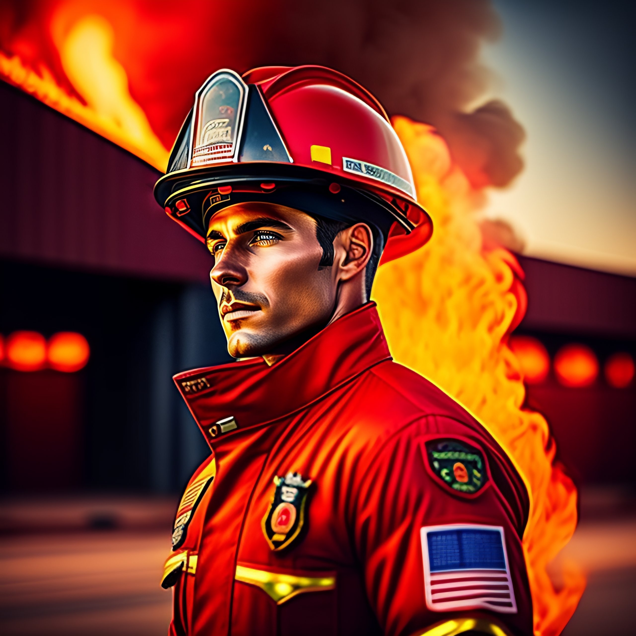 Lexica - Firefighter, 30 years old, handsome, wear fire suit and fire ...