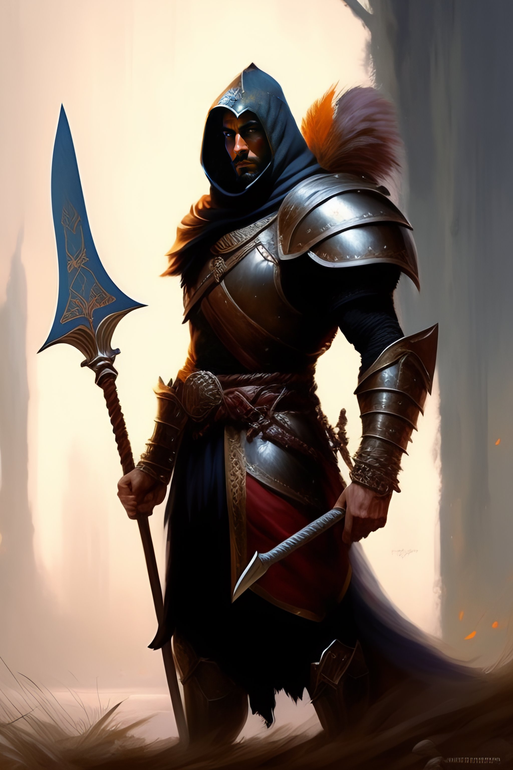 Lexica - A knight in hide armor holding an axe, leaning against an axe ...