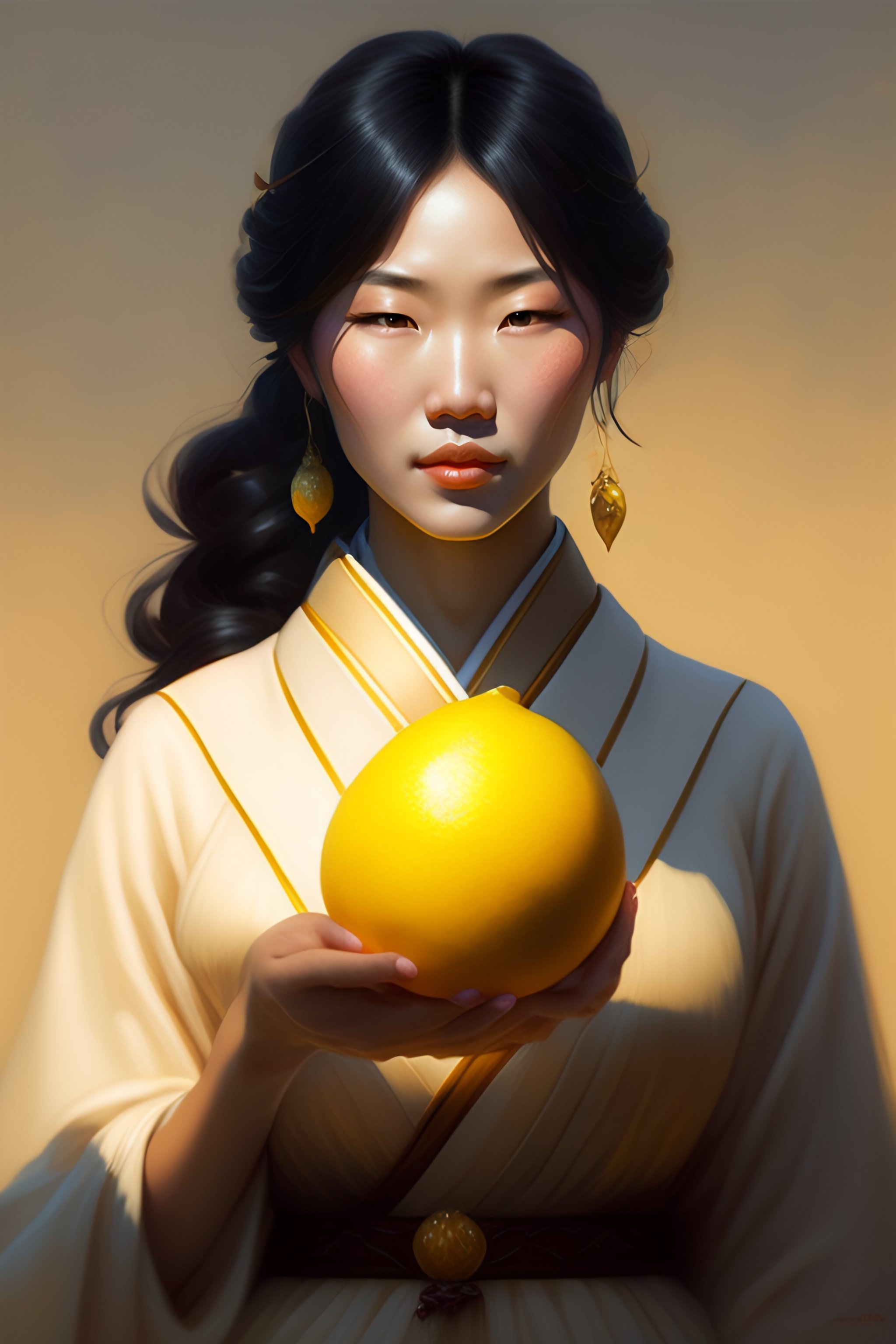 Lexica - Japanese woman holding a small lemon, lemons everywhere, highly detailed, digital ...