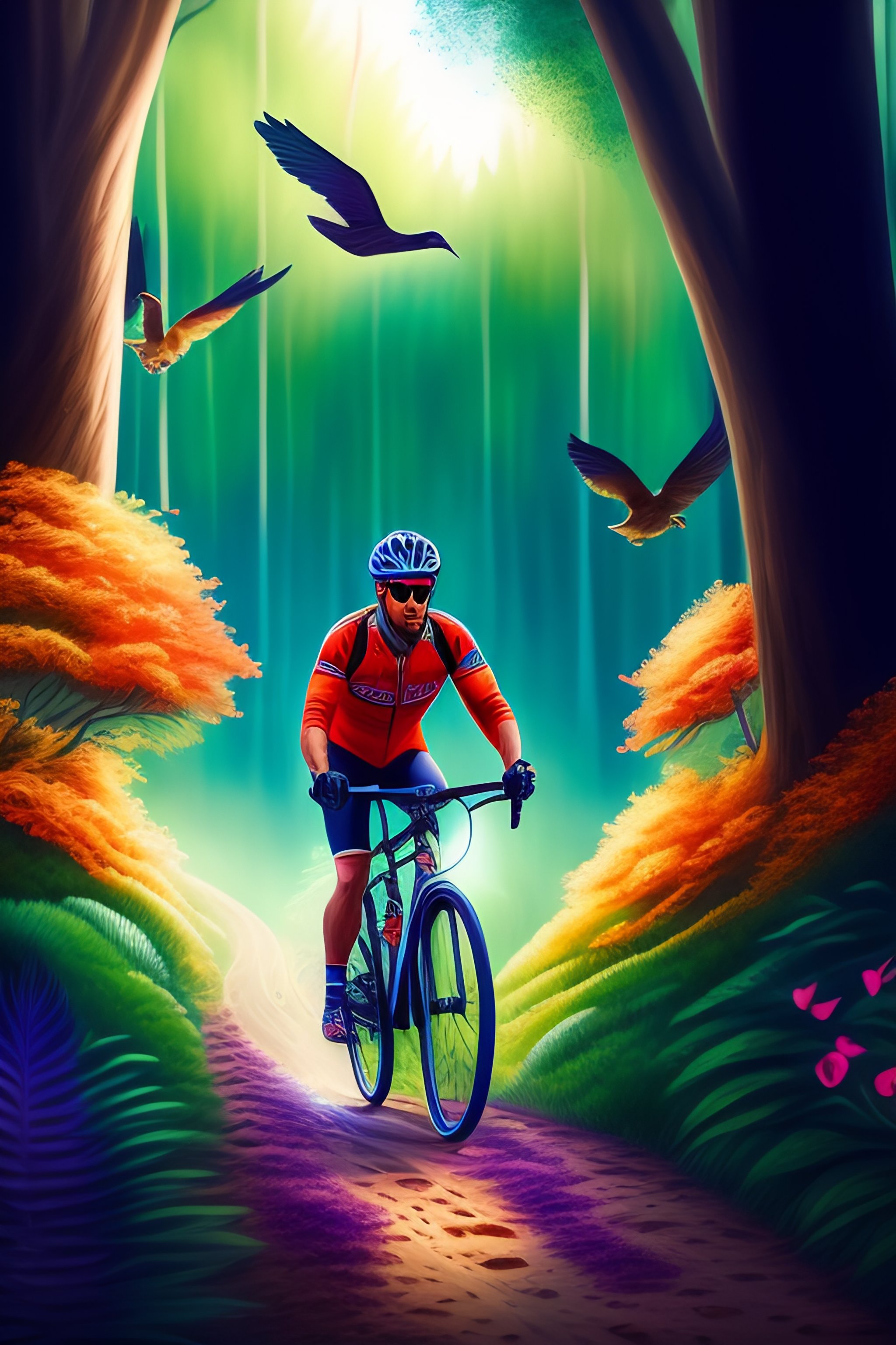 Lexica - Illustration of Daniel Cukier riding a bike in the woods, epic ...