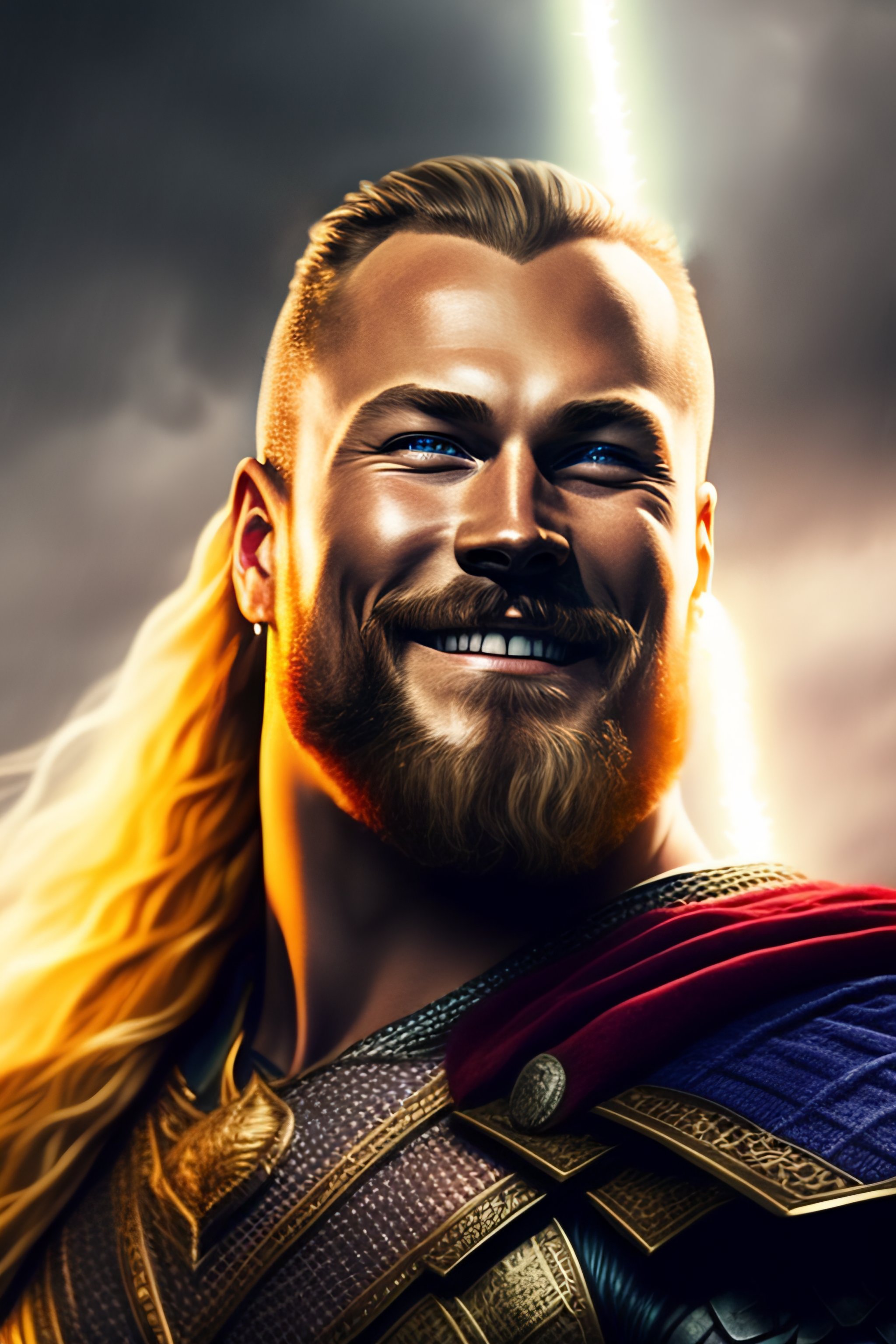 Lexica - Ragnar Lothbrok as Thor , lifting Mjolnir , smiling , wiht ...