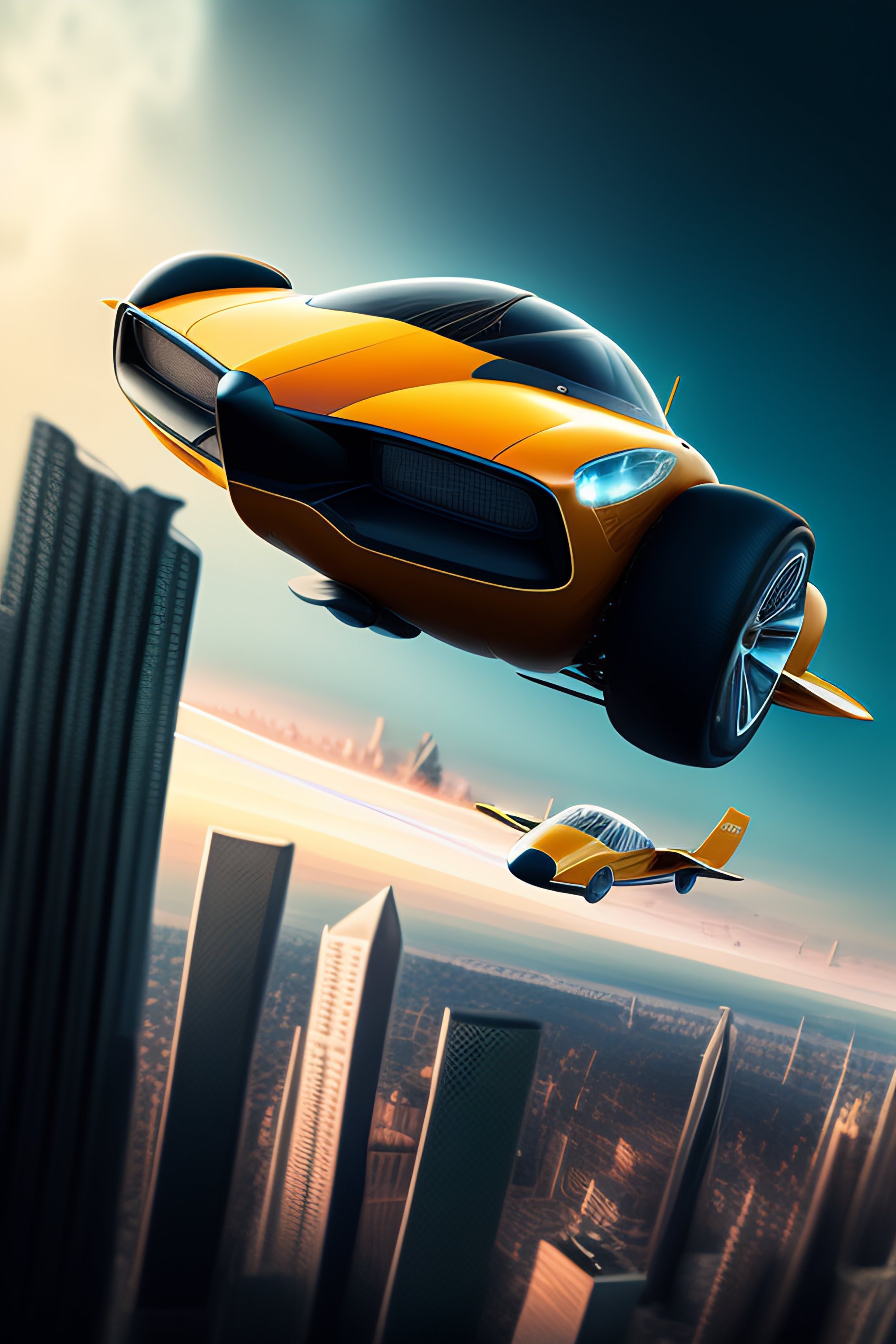 Lexica - A flying car with jet engine on the back flying across a ...