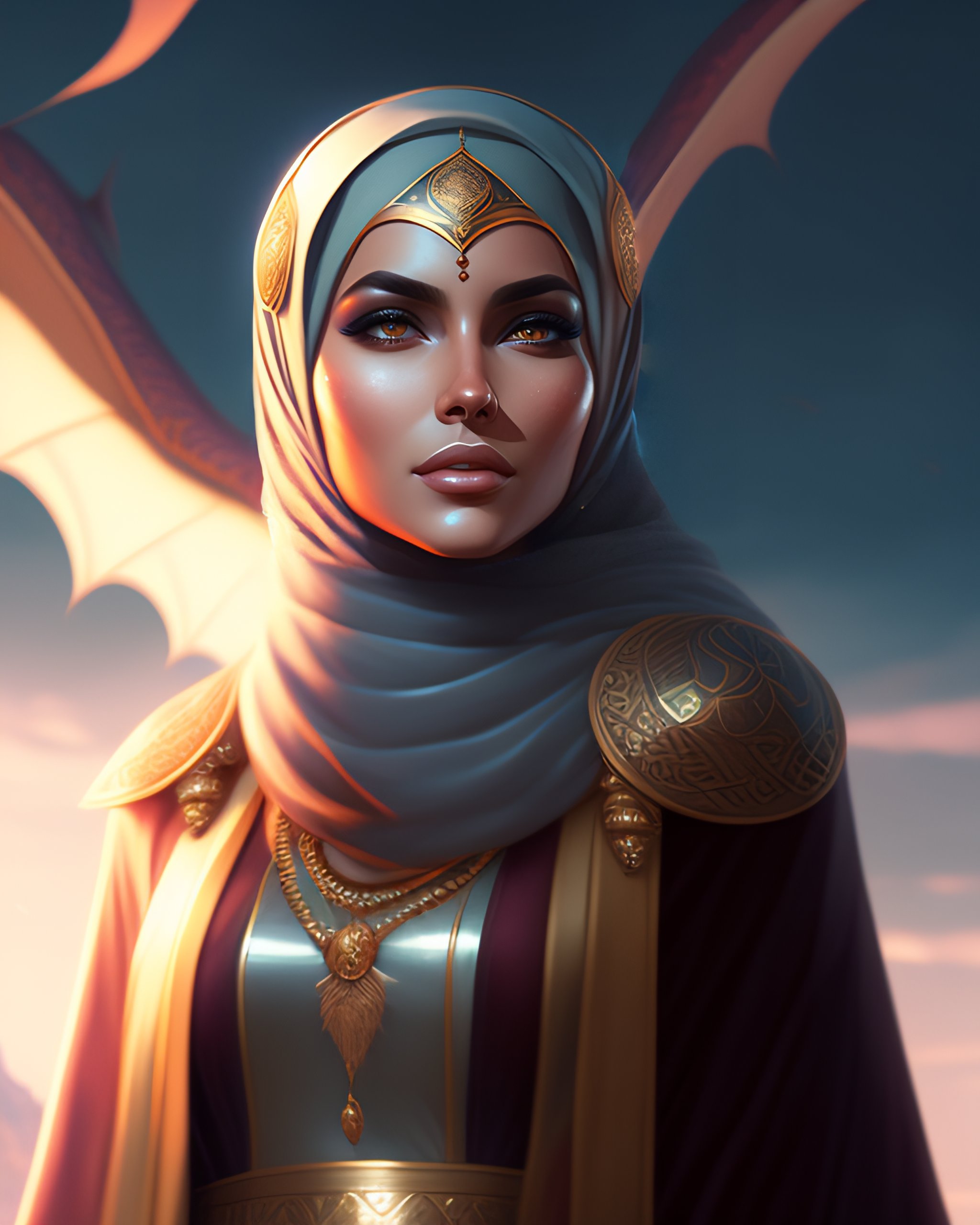 Lexica - Highly detailed full body of athena wearing hijab,drive dragon ...