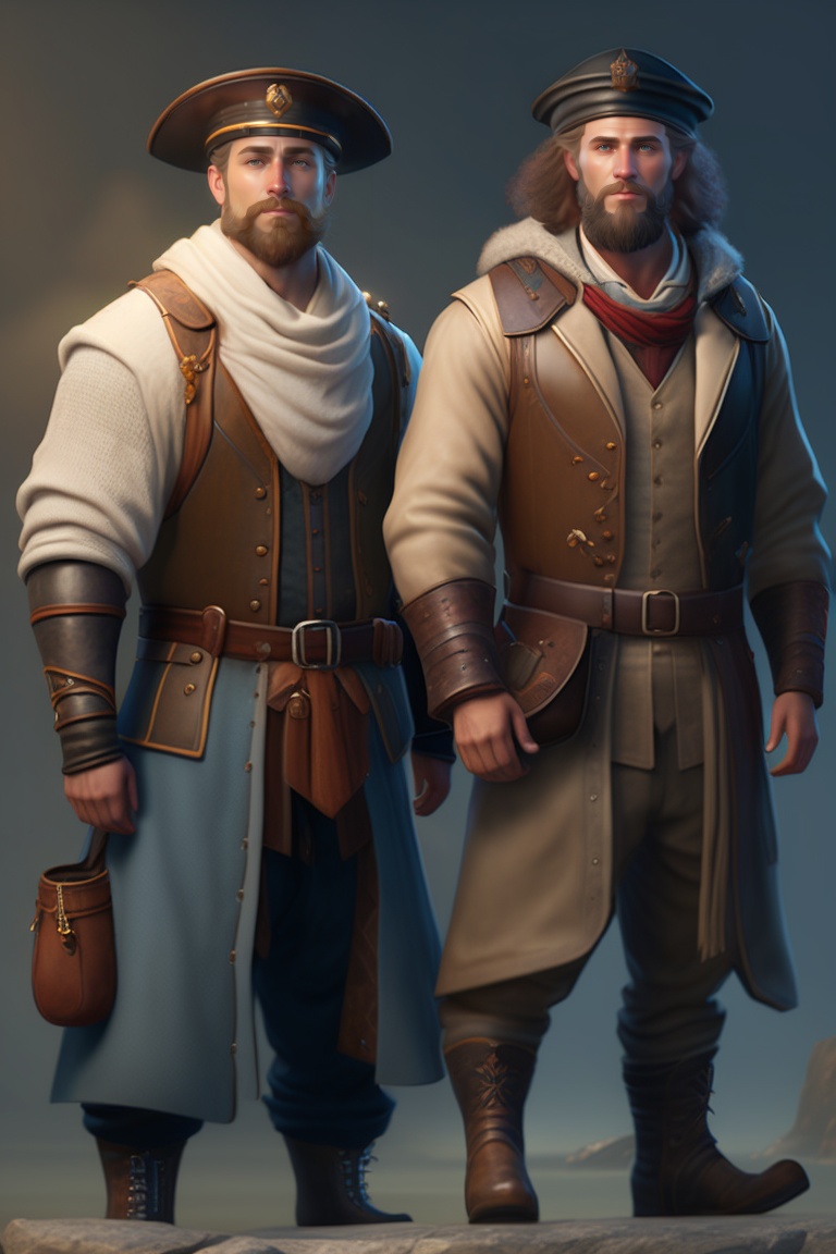 Lexica - 2 fishermen standing , full body, medieval rags, barefoot ...